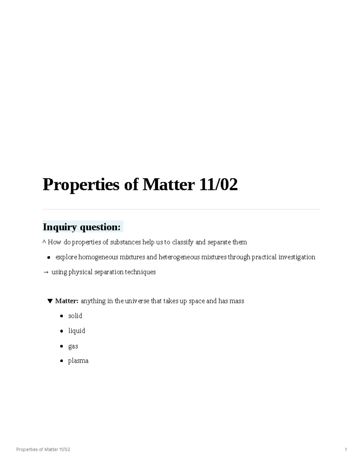 Properties of Matter: Classifying & Separating Substances 1102 - Studocu