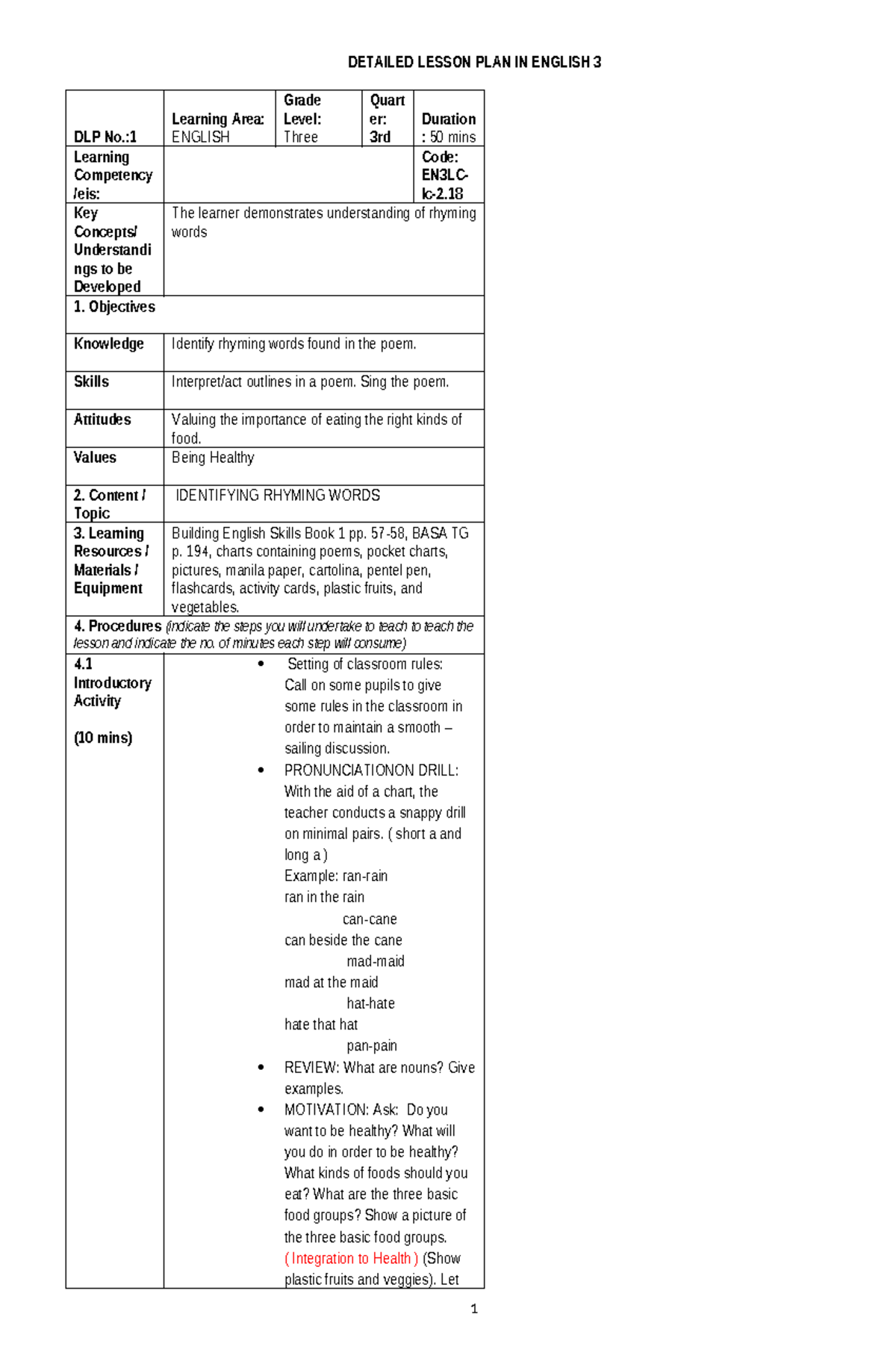 Detailed Lesson Plan on Rhyming Words for English 3 - EN3LC-Ic-2 - Studocu