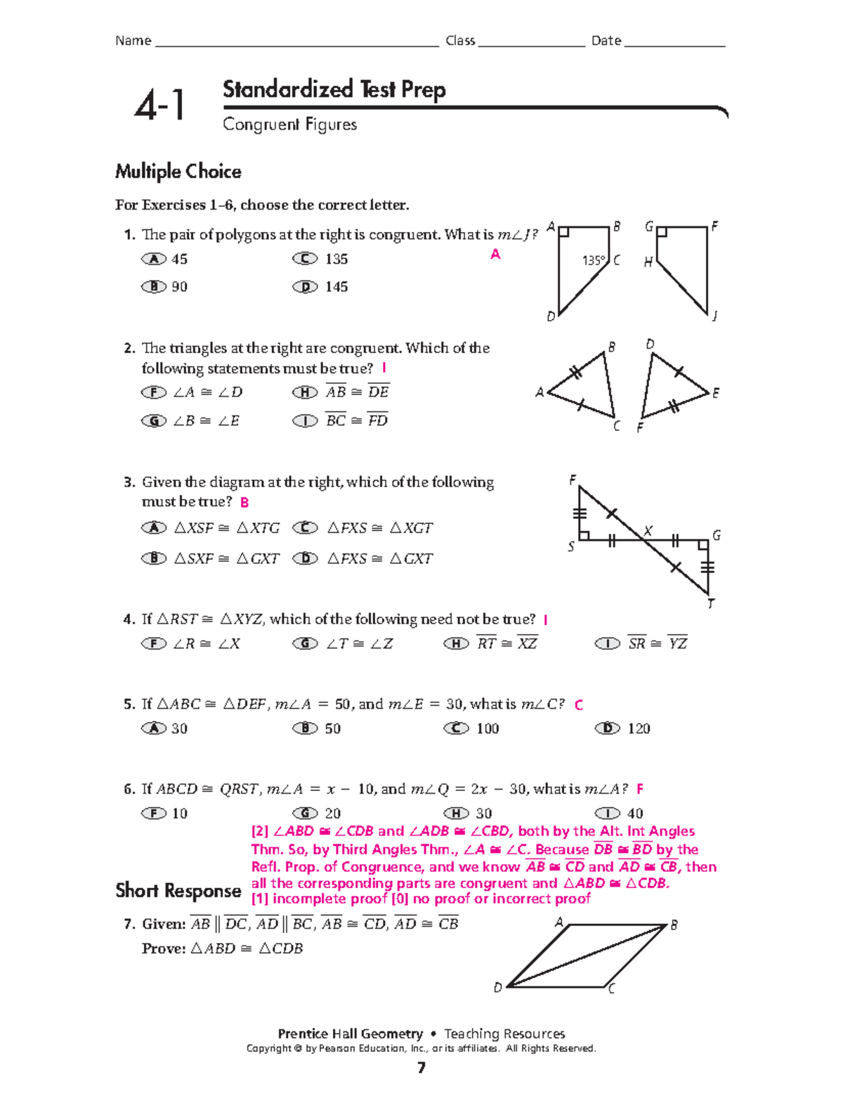 Ch. 4 Standardized Test Prep - Congruent Figures & Triangle Congruence ...