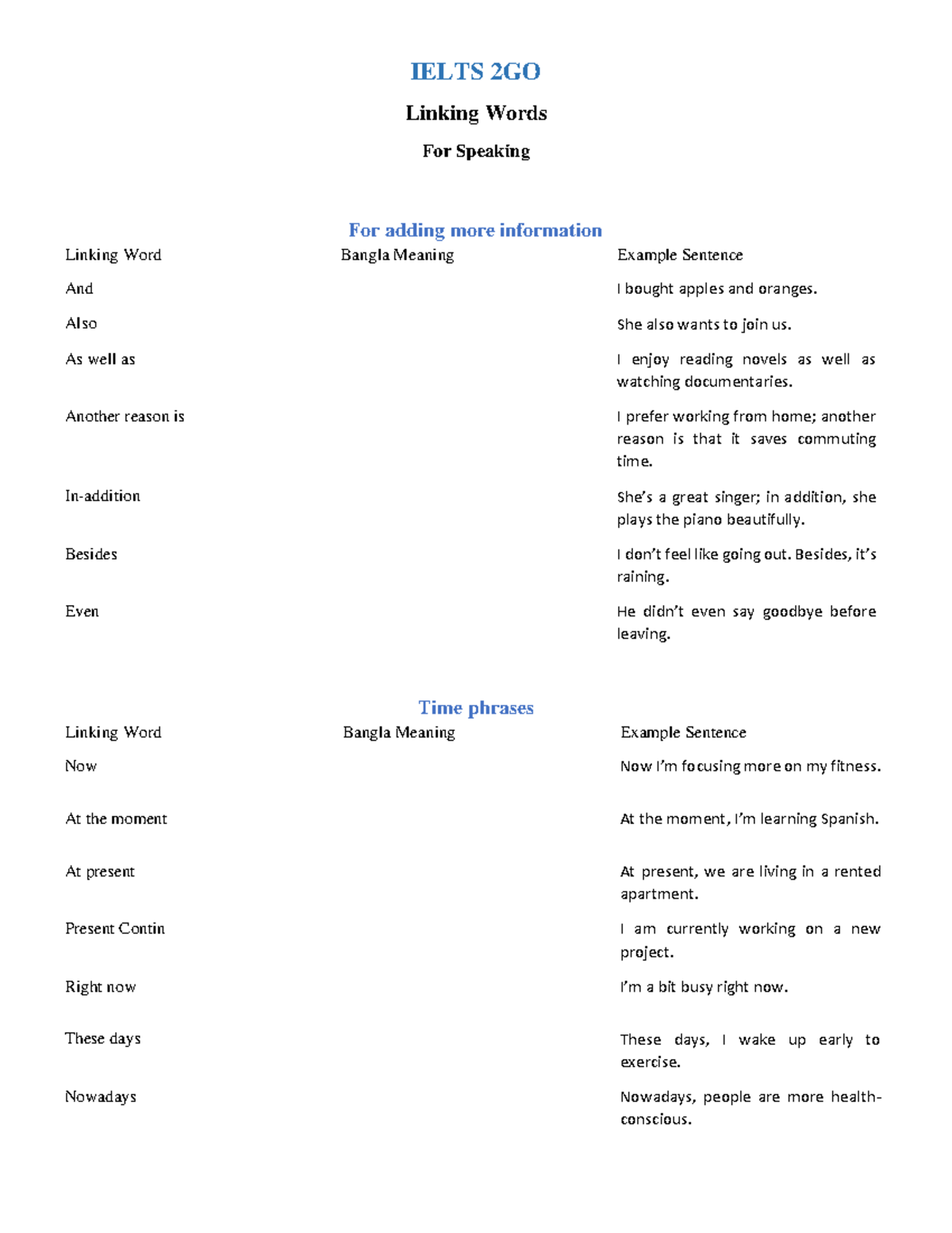 IELTS 2GO Linking Words for Speaking: Examples & Meanings - Studocu