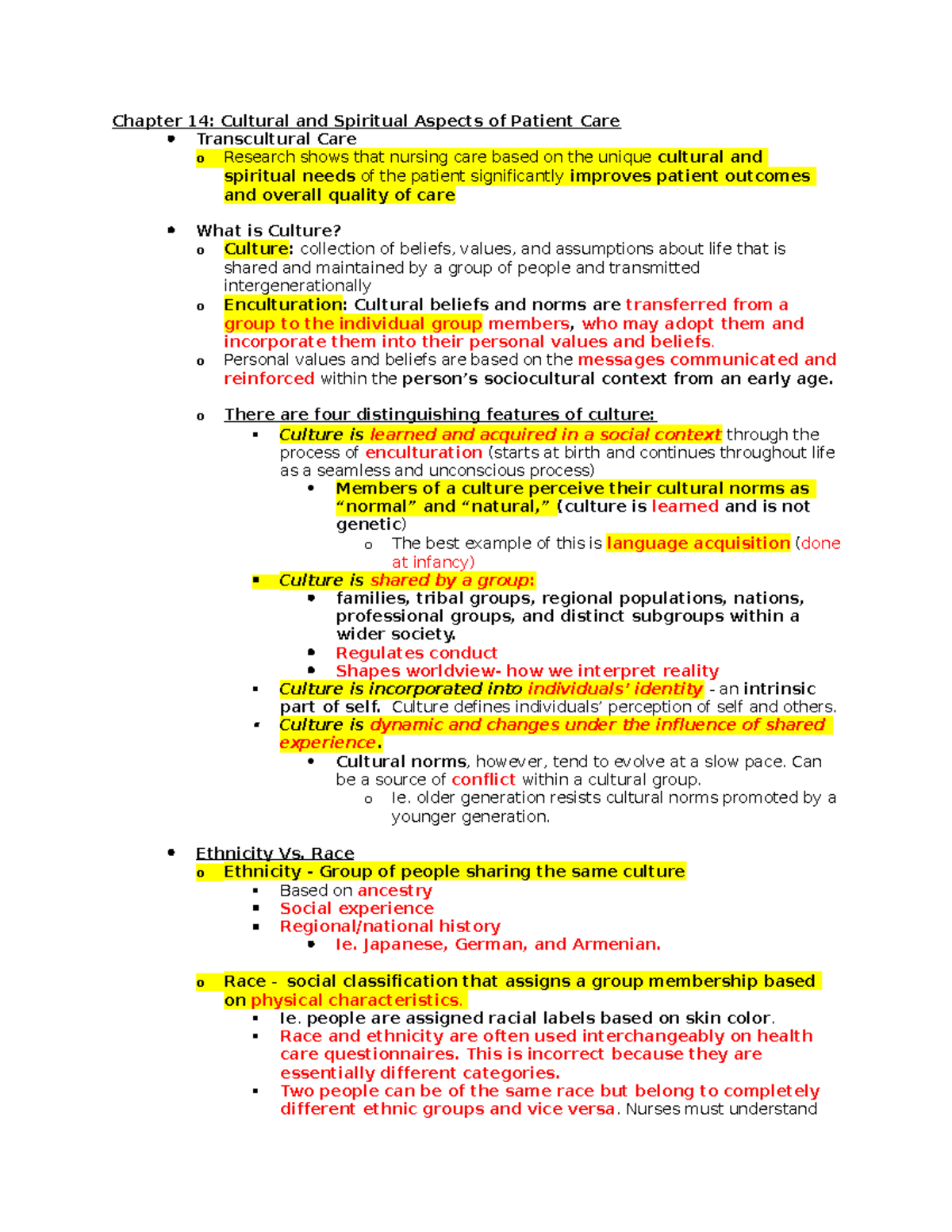 Cultural and Spiritual Aspects of Patient Care - Chapter 14 Handout ...