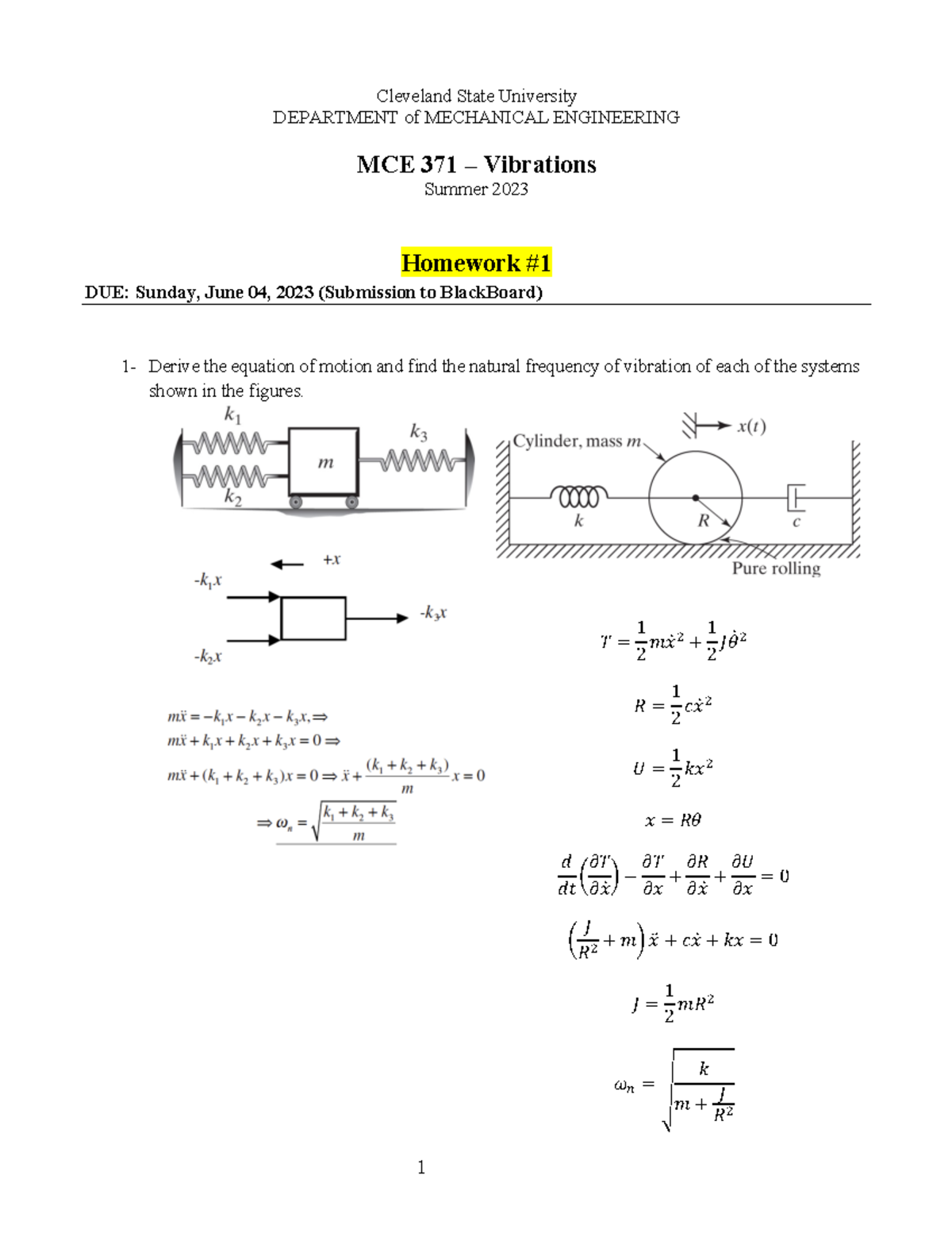 Homework #1 Solution - vibrations - Cleveland State University DEPARTMENT of MECHANICAL ...