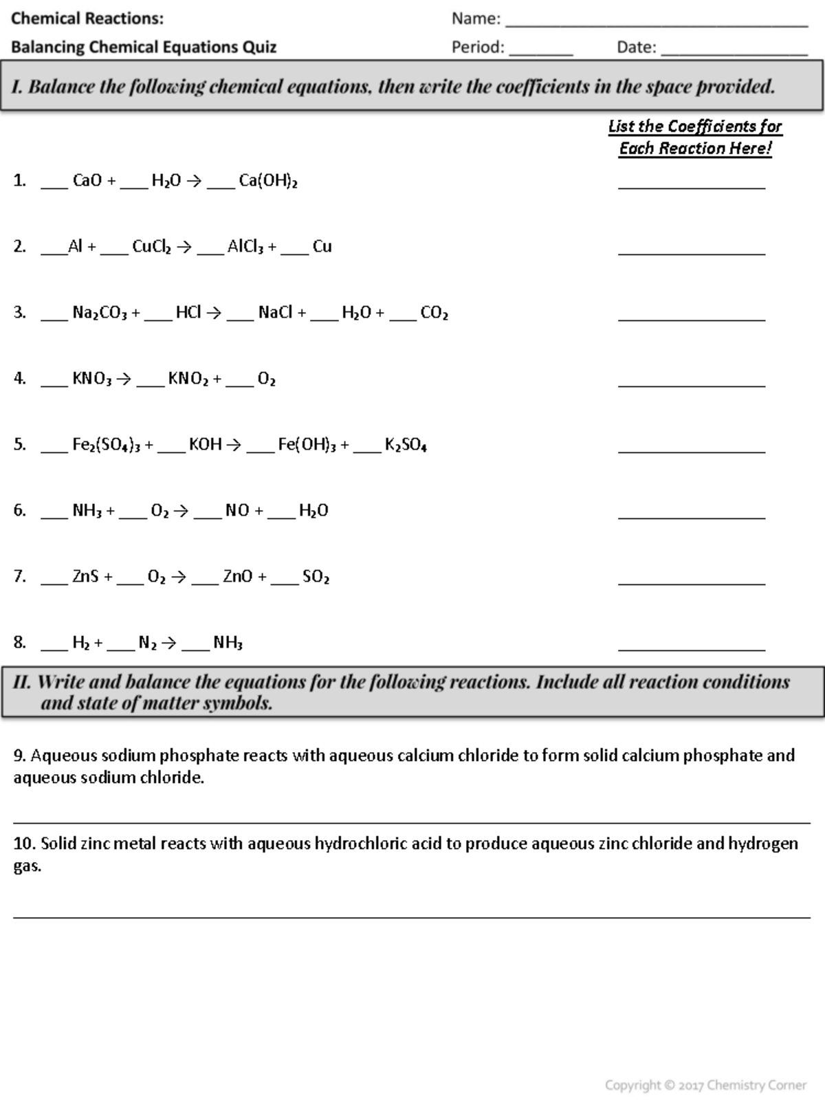 Quiz: Standard Balancing Equations (Editable) - Studocu