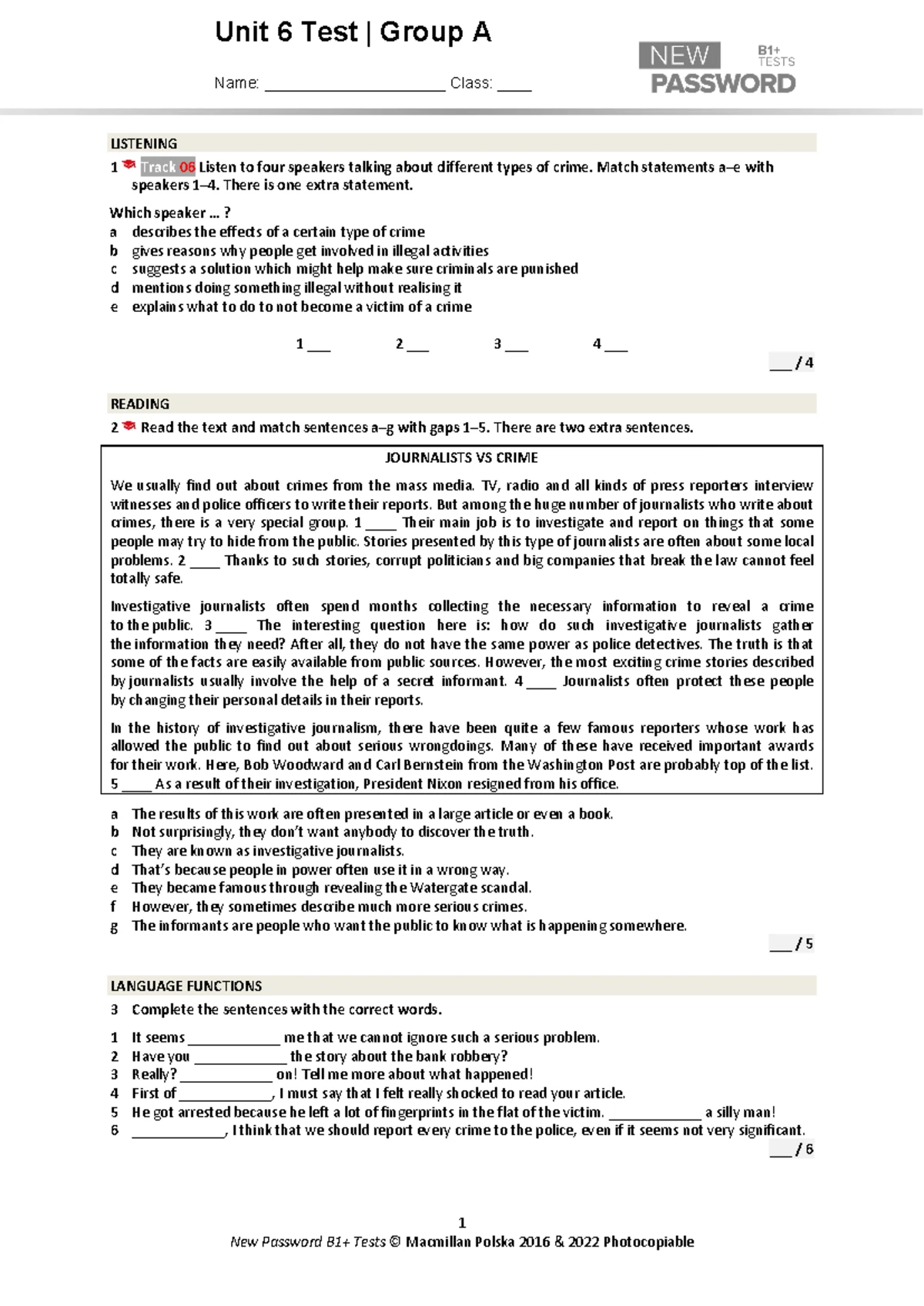 Focus 4 2E Unit 4 Test Answer Key for Listening, Grammar & Writing ...