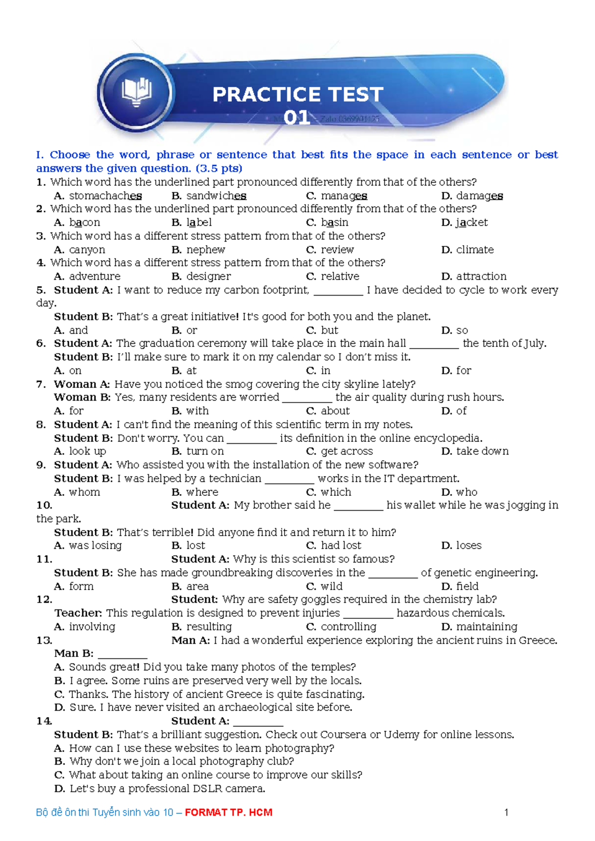 FULL 20 PRACTICE TESTS FOR TP. HCM ADMISSION - Studocu