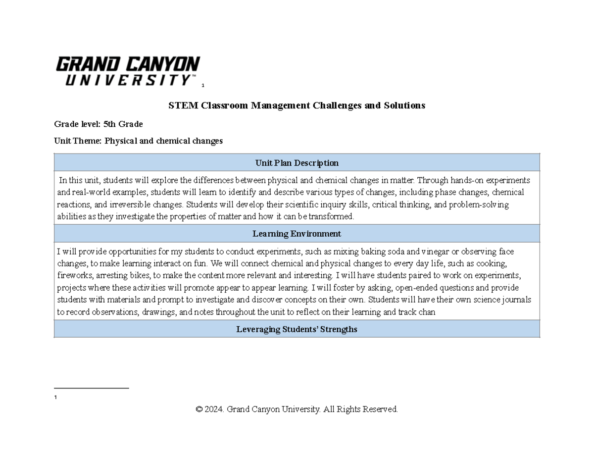 5th Grade STEM Unit Plan: Physical & Chemical Changes - Studocu