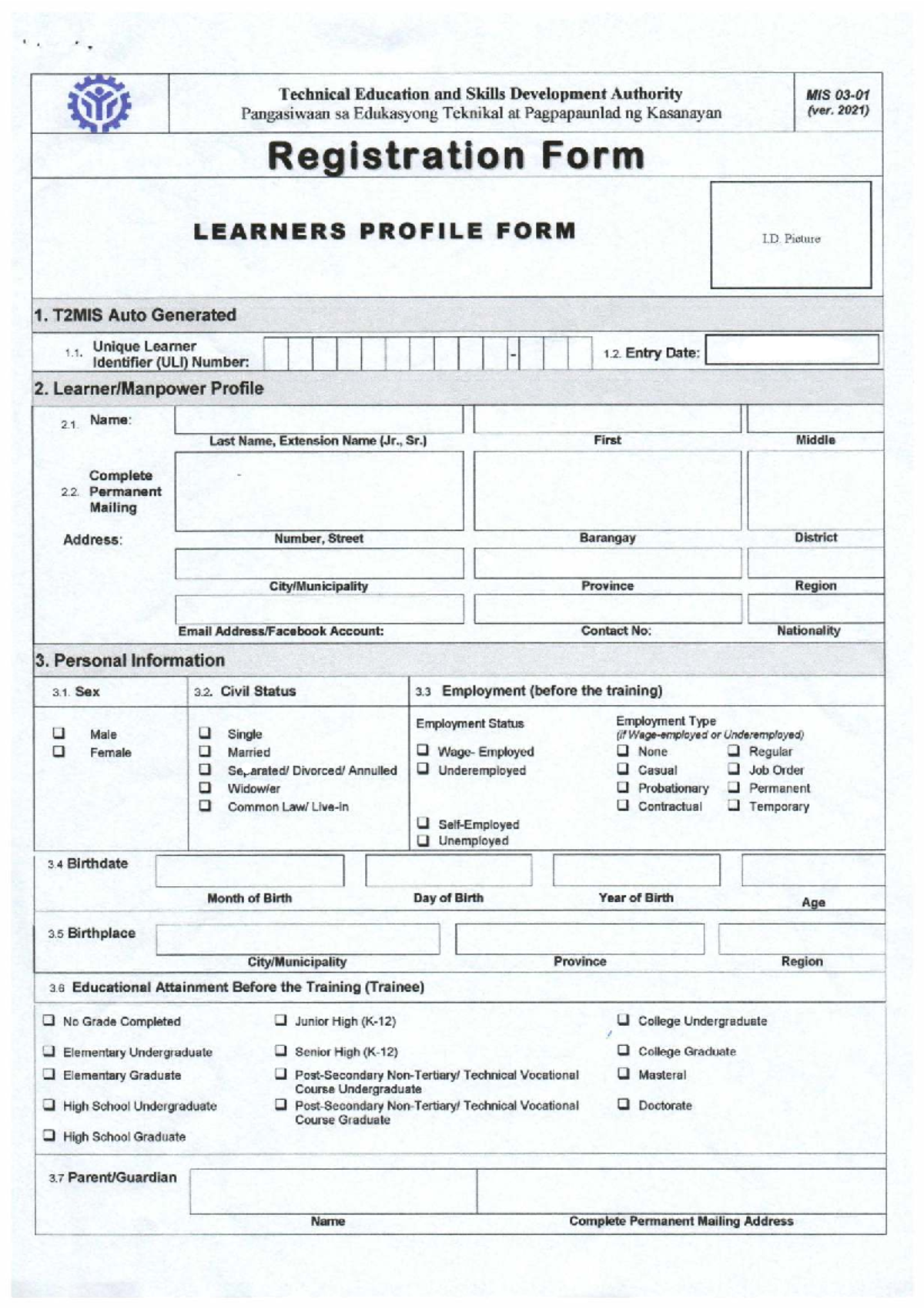 TESDA MIS 03-01 Registration Form: Learner's Profile Details - Studocu