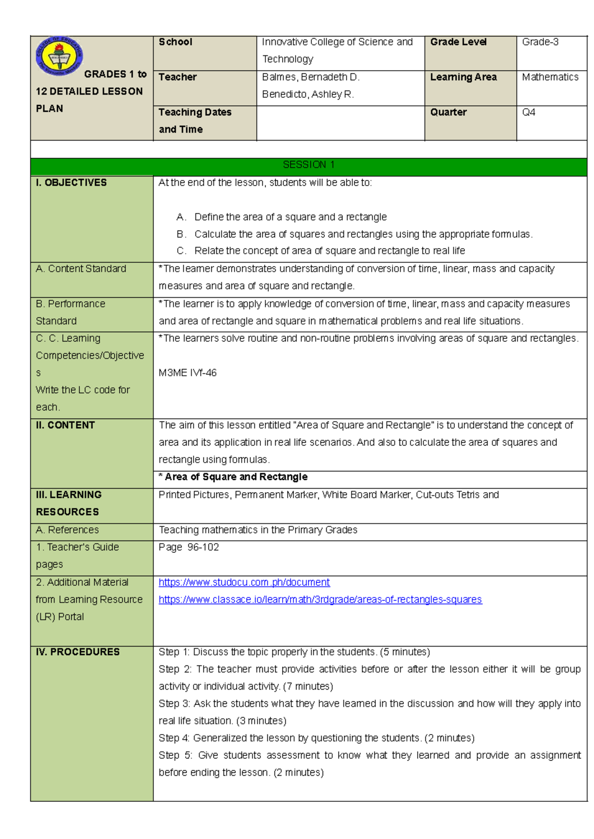 Detailed Lesson Plan: Area of Square and Rectangle (M3ME Q4) - Studocu