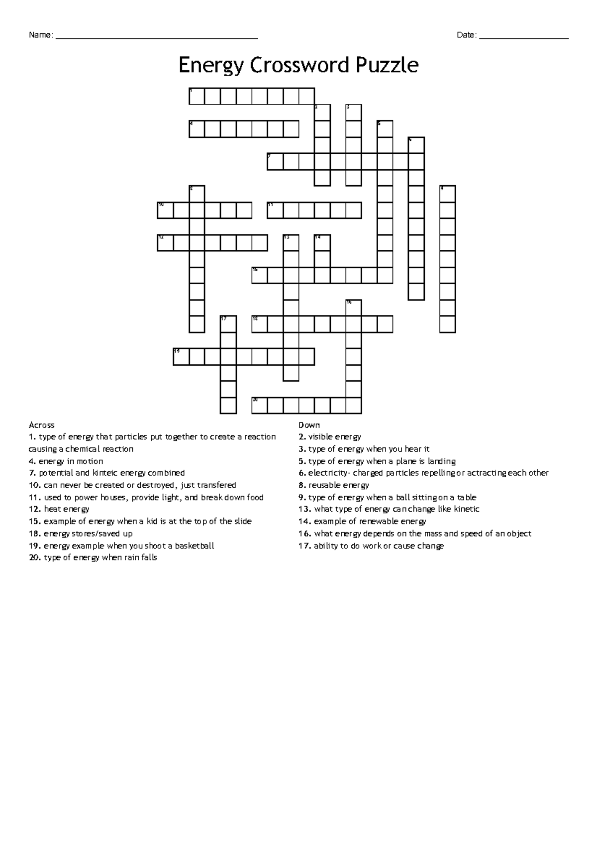 Energy Crossword Puzzle: Types & Concepts of Energy - Studocu