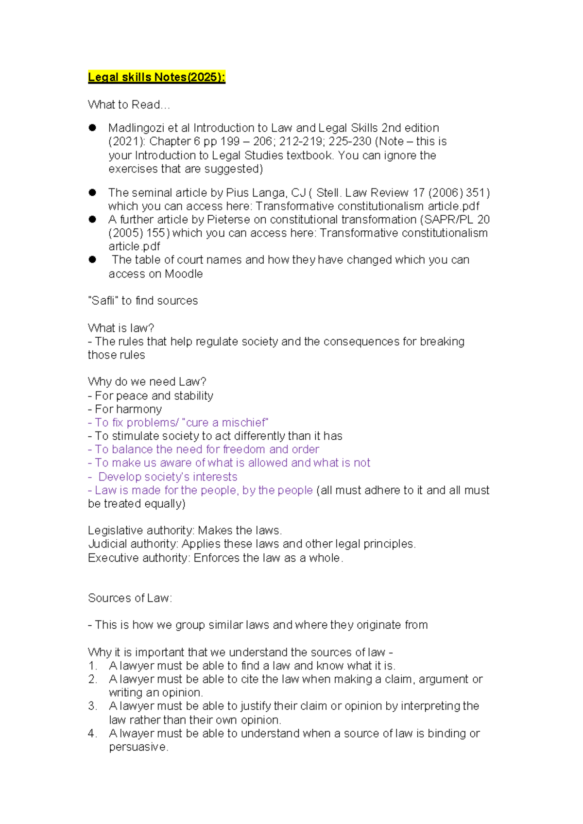 Legal Skills Notes (2025): Introduction to Law & Legal Sources - Studocu