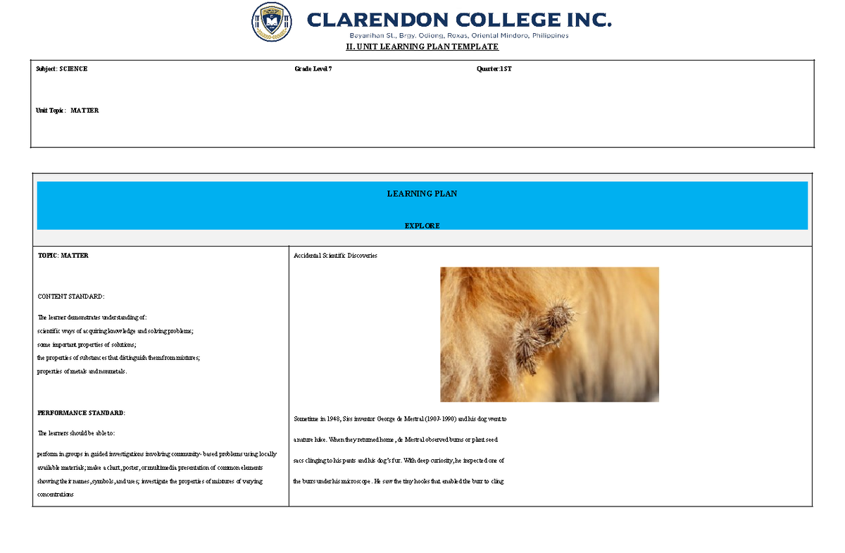 UNIT Learning PLAN Science 7 1ST Quarter - II. UNIT LEARNING PLAN ...