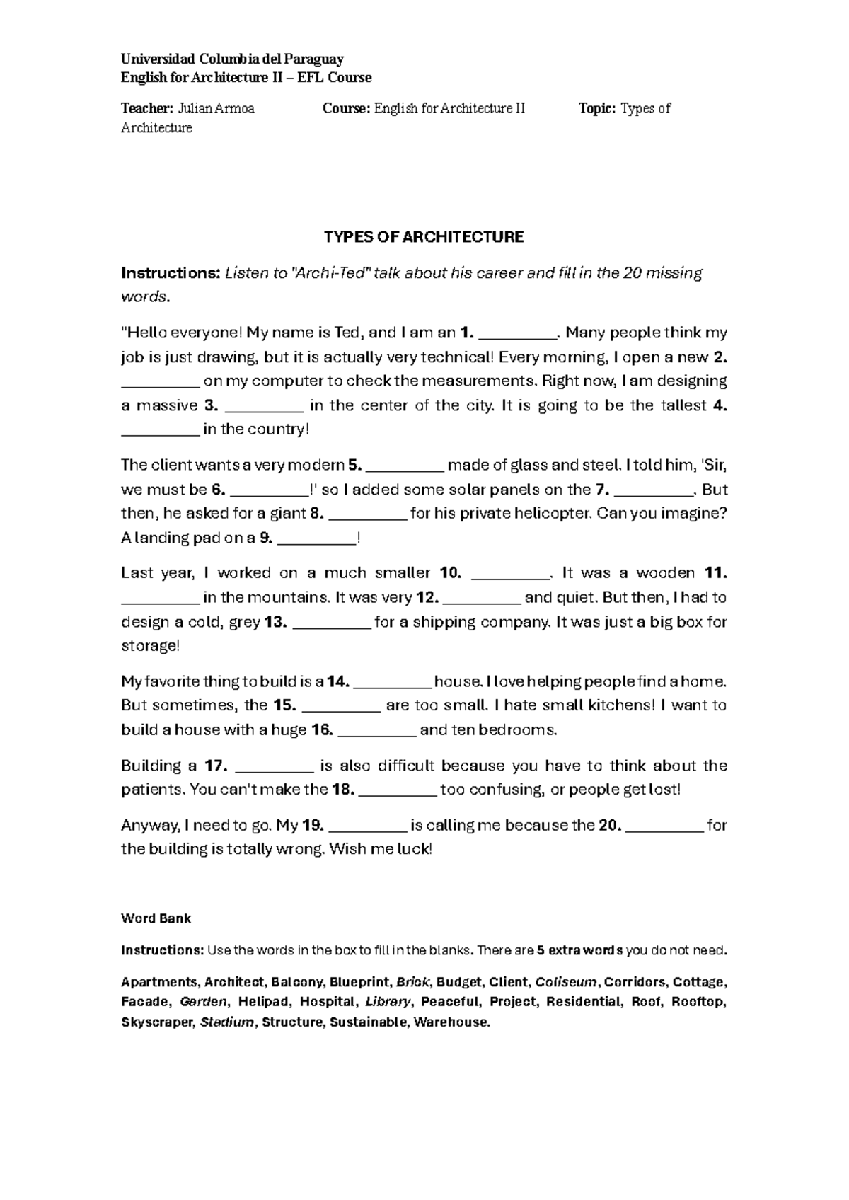 Types of Architecture EFL II - Fill in the Blanks Exercise - Studocu