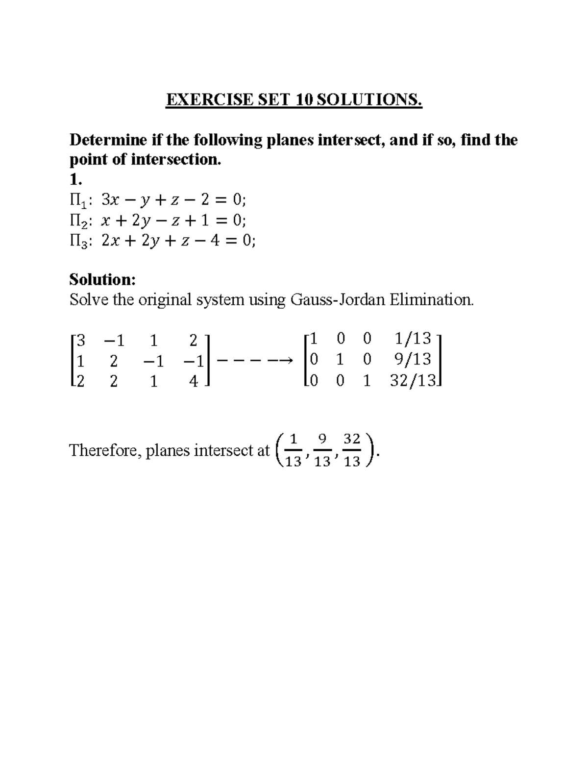 Exercise SET 10 Solutions: Geometry of Plane Intersections - Studocu