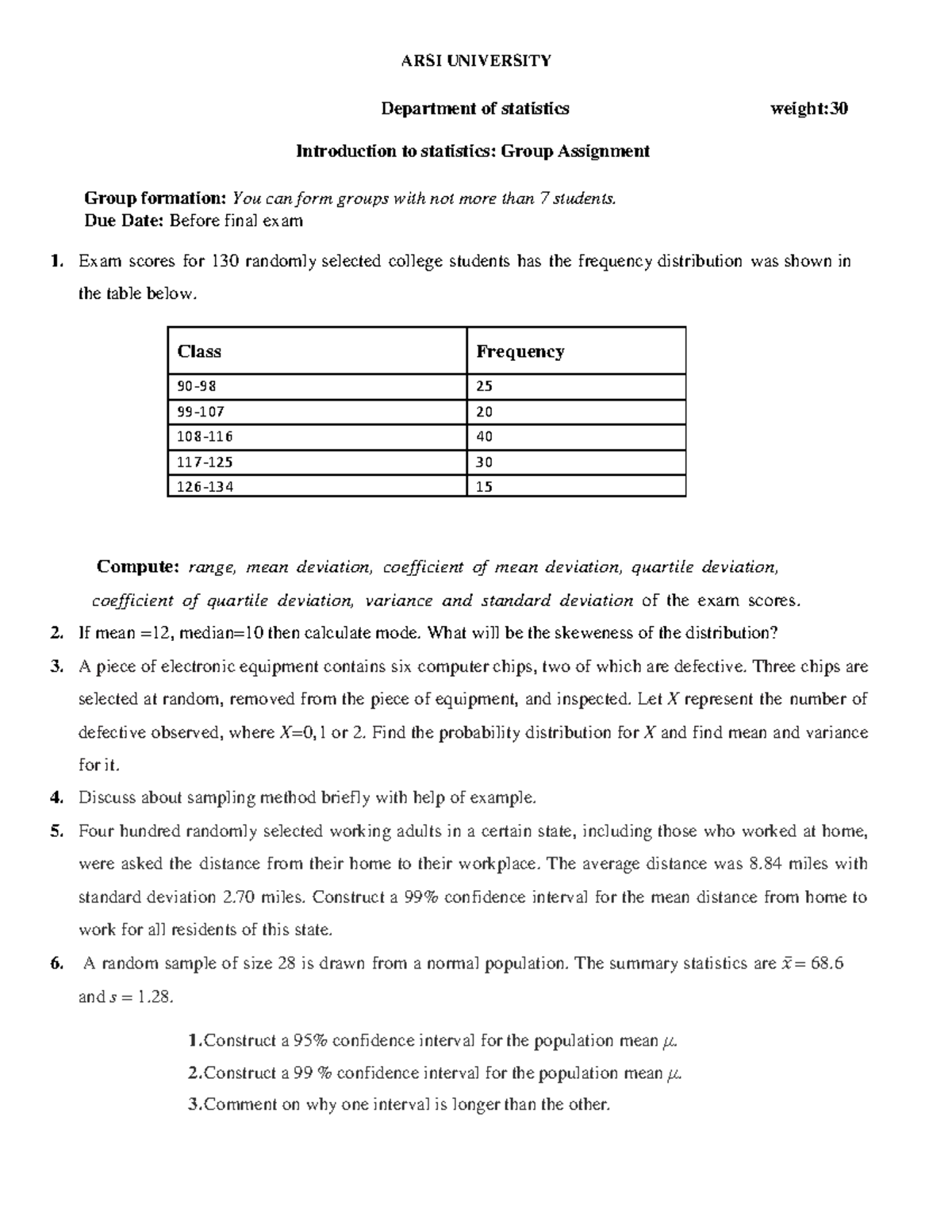 Assignment - Introduction to Statistics Group Work Analysis - Studocu