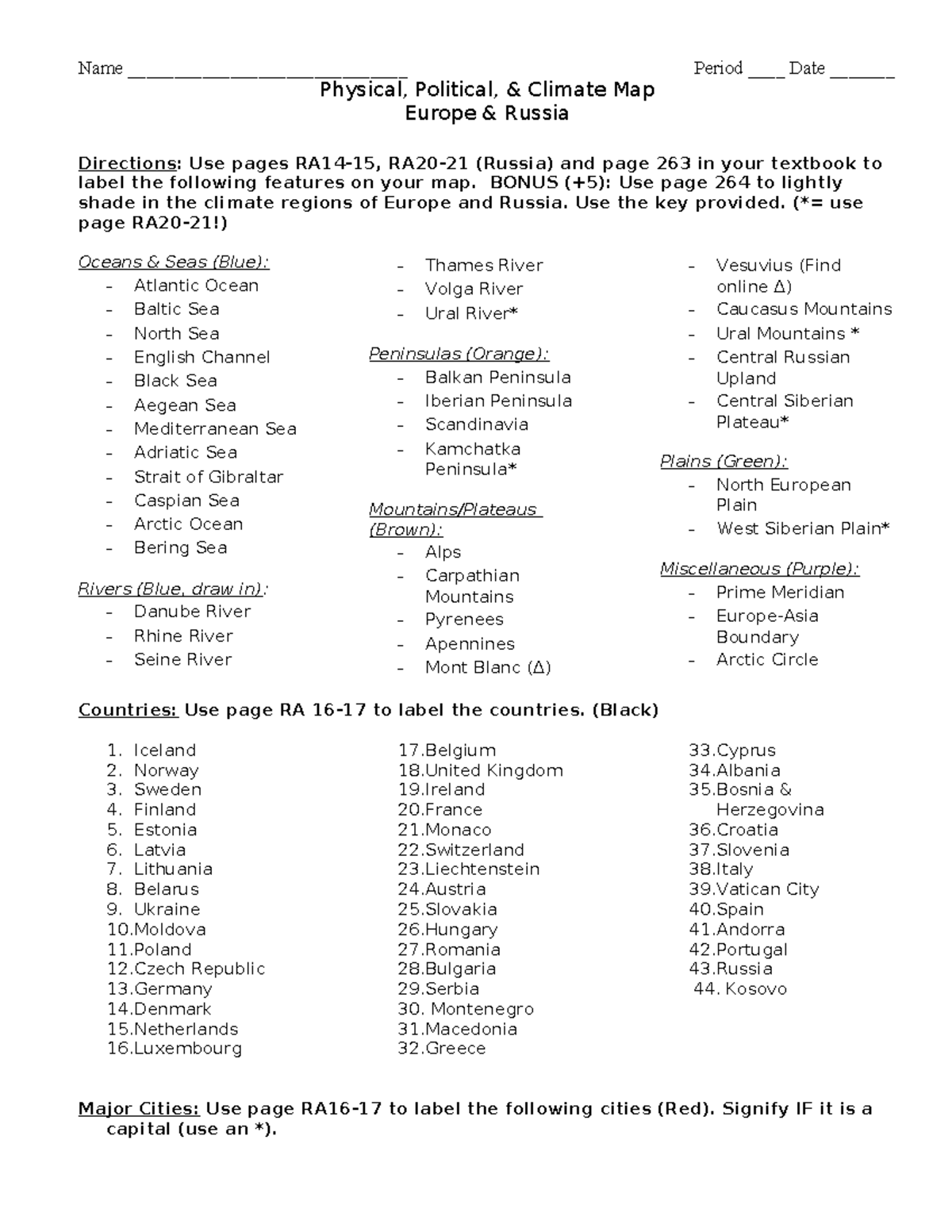 Europe & Russia Map Directions: Labeling Features & Climate - Studocu