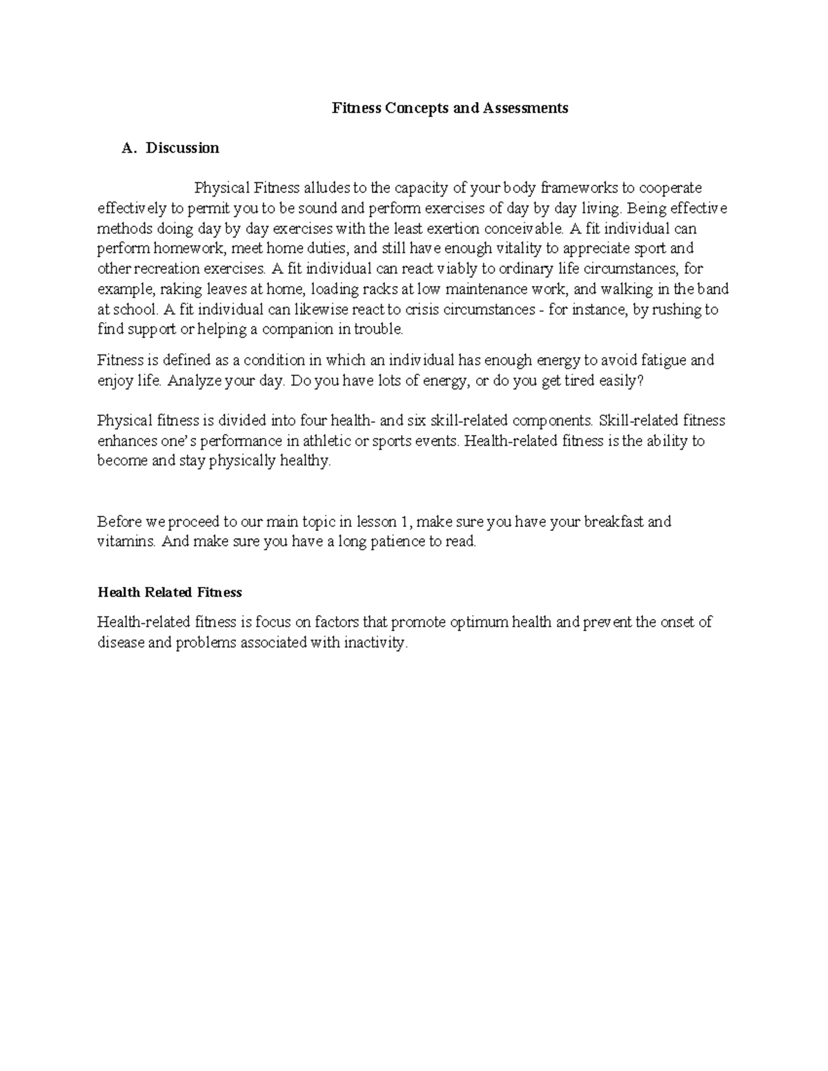Fitness Concepts and Assessments: Understanding Health & Skill ...