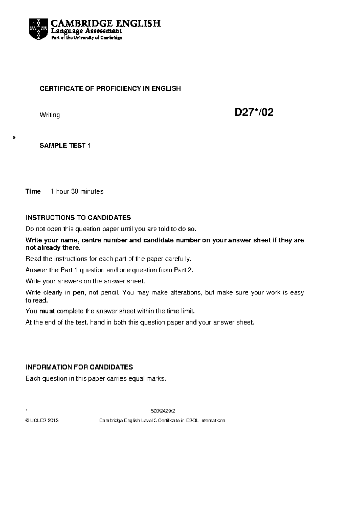 Cambridge English Proficiency Writing Sample Test 1 - Studocu