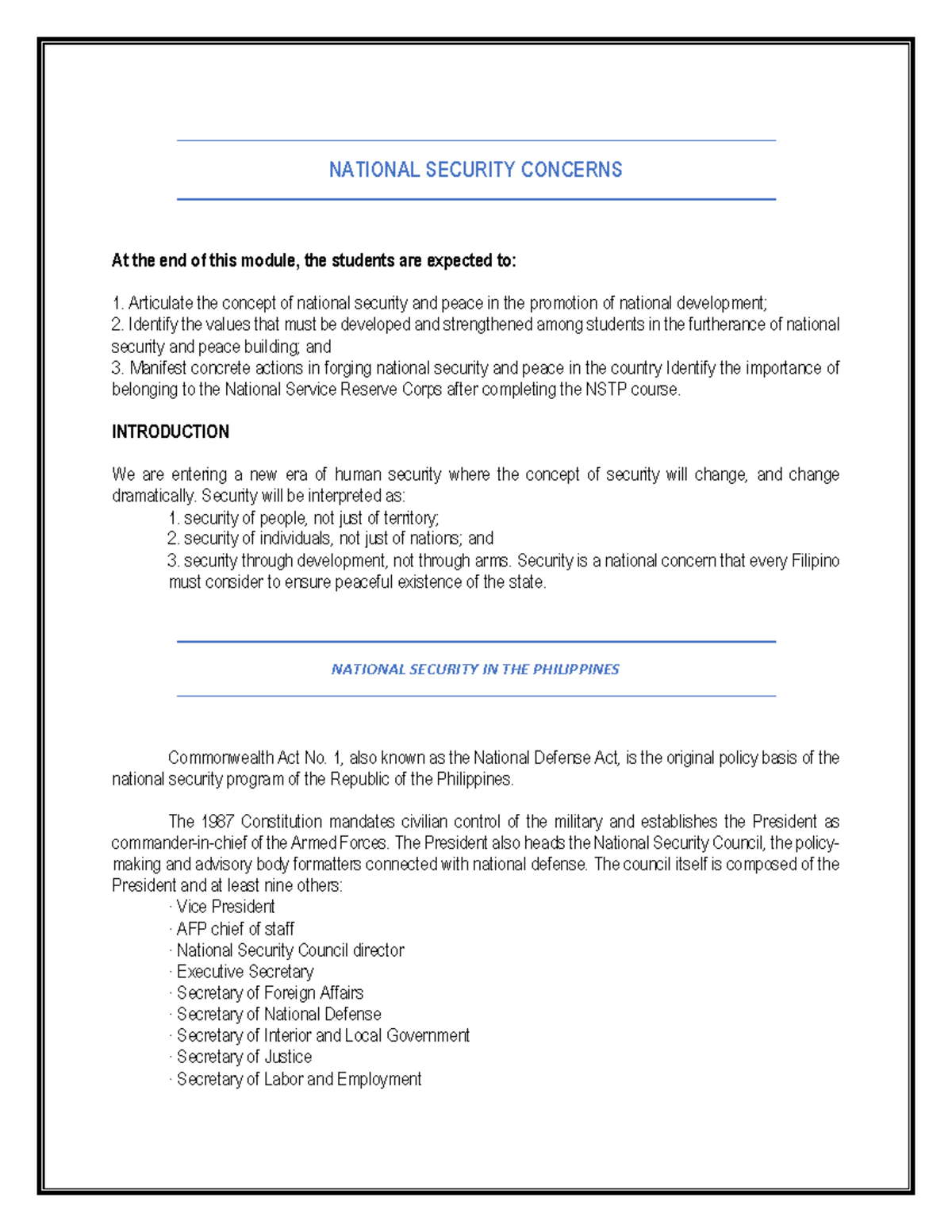 NATIONAL SECURITY CONCERNS AND PEACE EDUCATION (NSTP) - Studocu