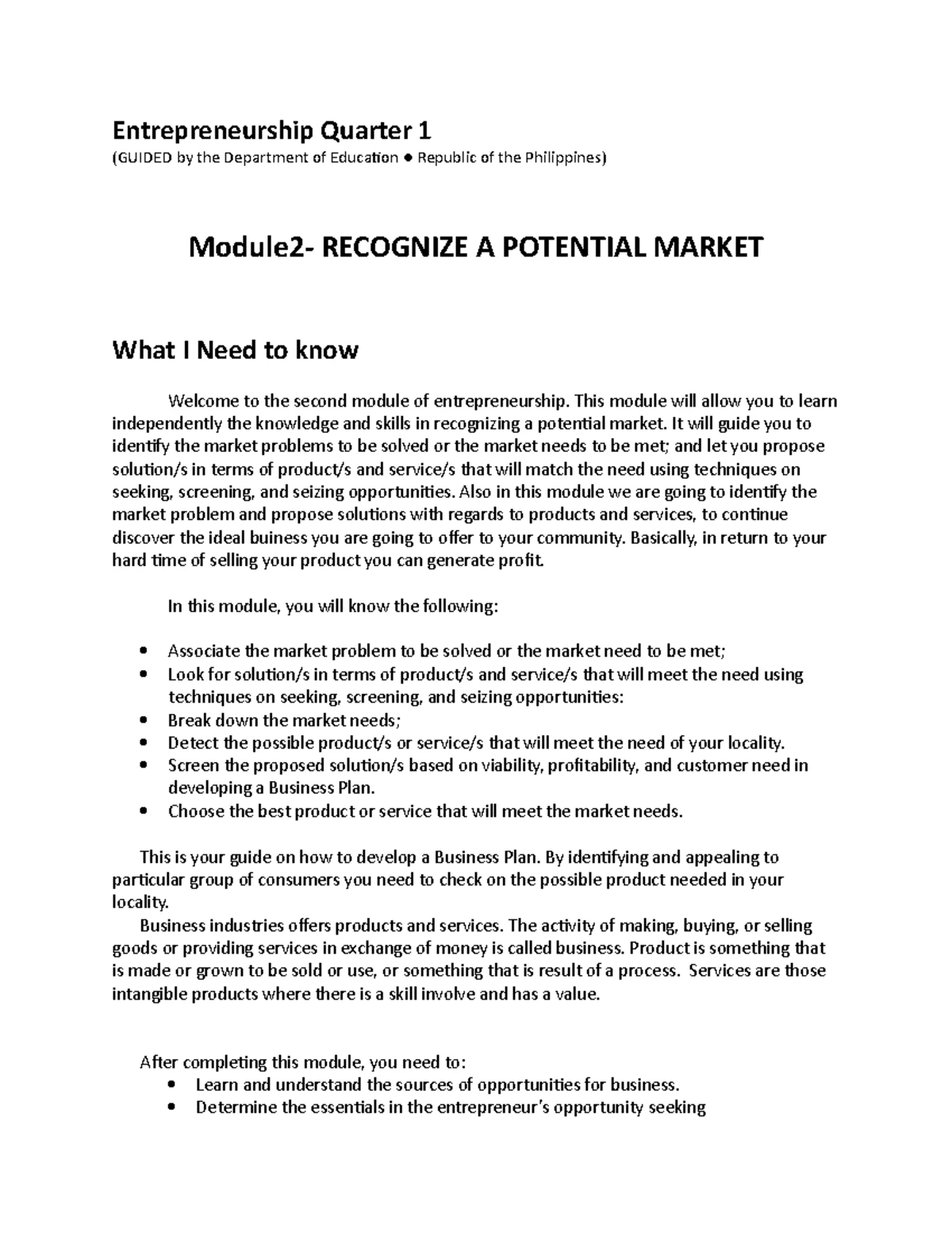 0 03 Entrepreneurship Q1 Module 3 Recognize and Understand the Market ...