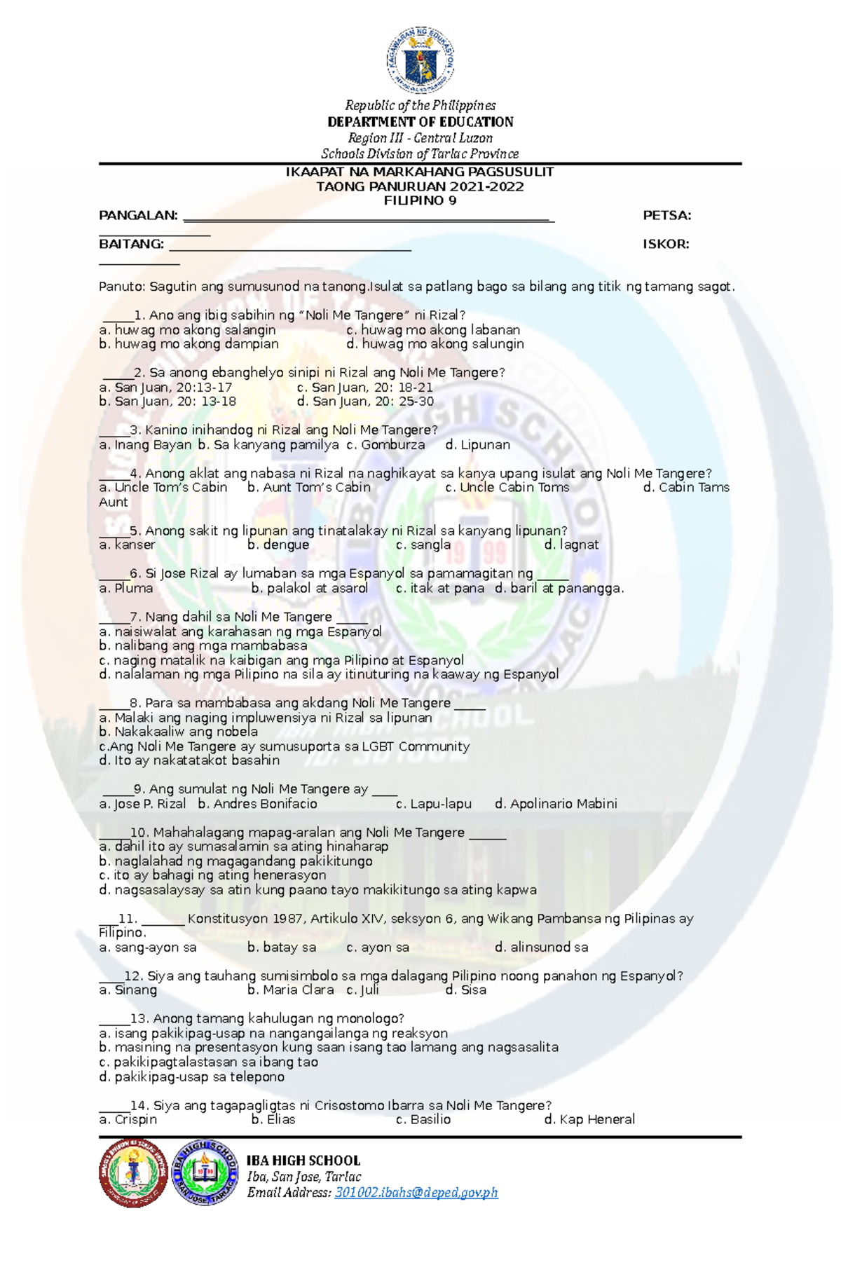 Grade 9 Filipino 4th Quarter Exam Questions and Answers - Studocu