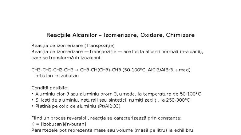 Reacțiile Alcanilor: Izomerizare, Oxidare și Chimizare - Curs 2023 ...