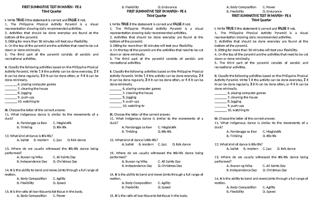 Mapeh 6 Q3 Summative Test: Understanding the Philippine Physical ...