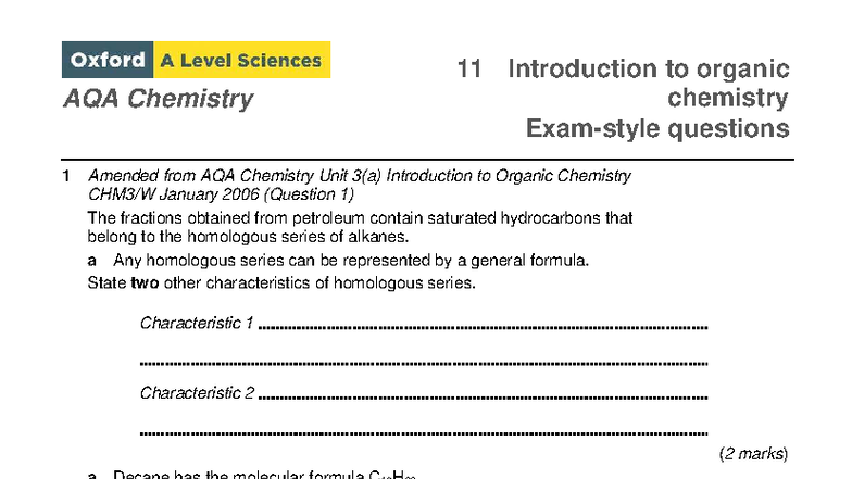 AQA Chemistry 1 & 2: Introduction to Organic Chemistry Questions - Studocu