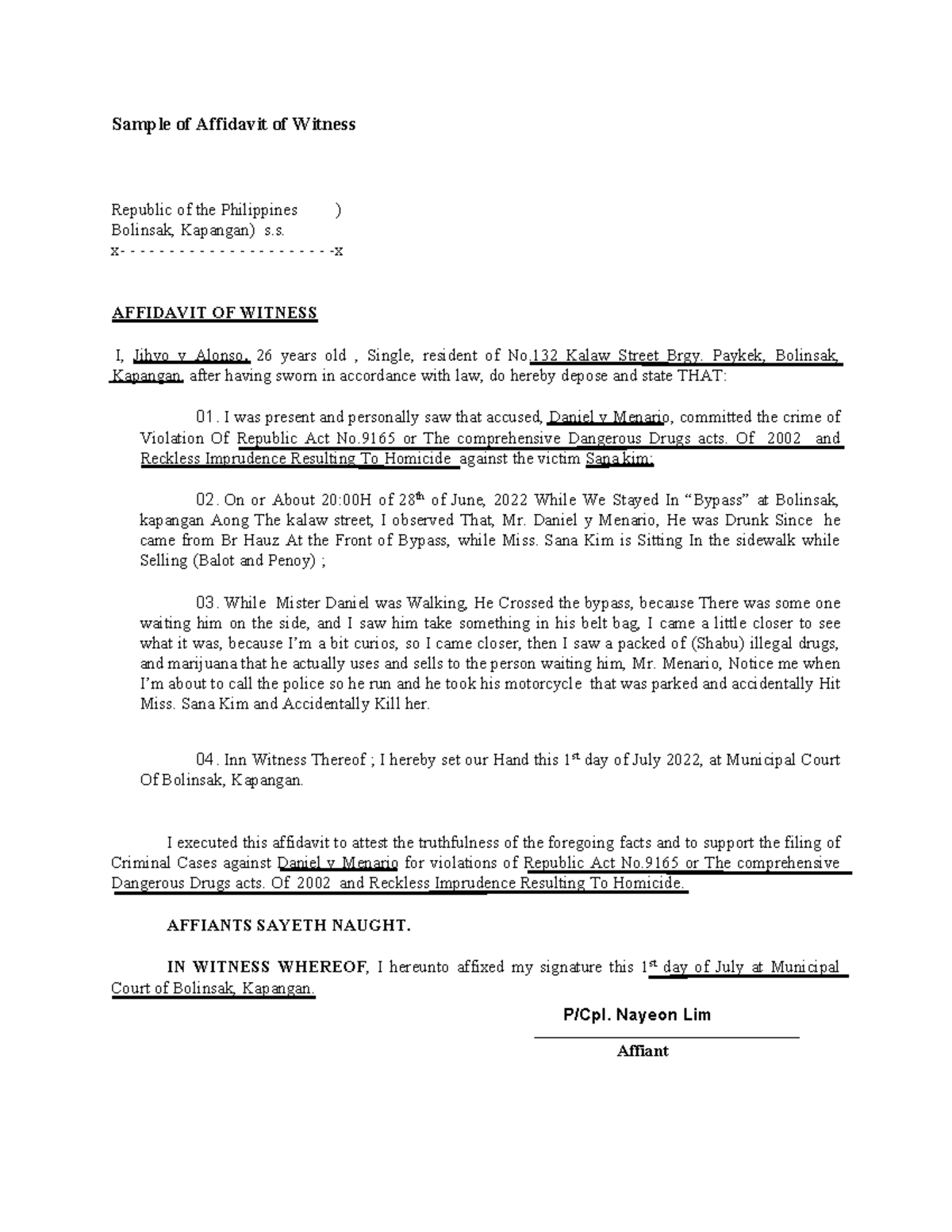 Affidavit of Witness-11 - P/Cpl. Nayeon Lim Sample of Affidavit of ...