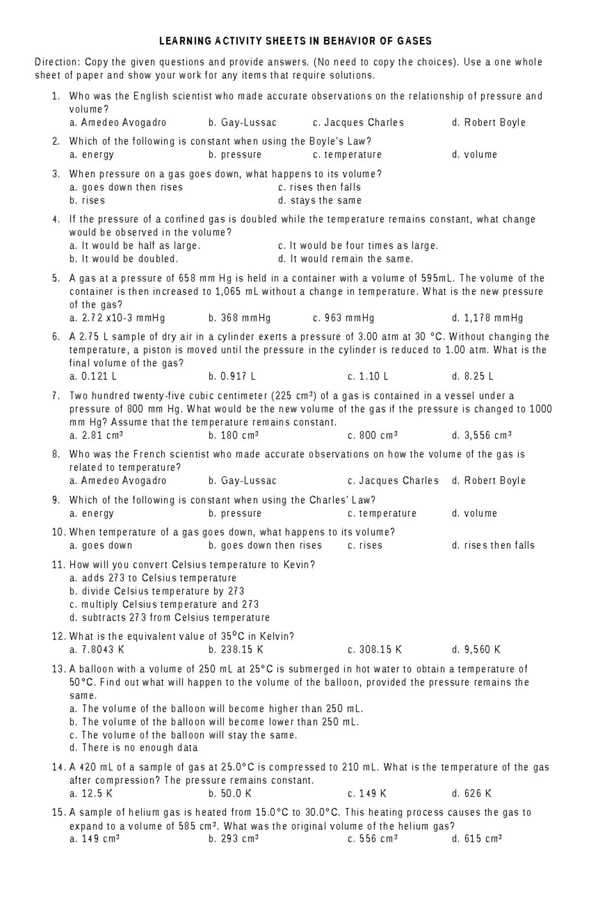 Learning Activity Sheets: Gas Behavior Questions and Solutions - Studocu