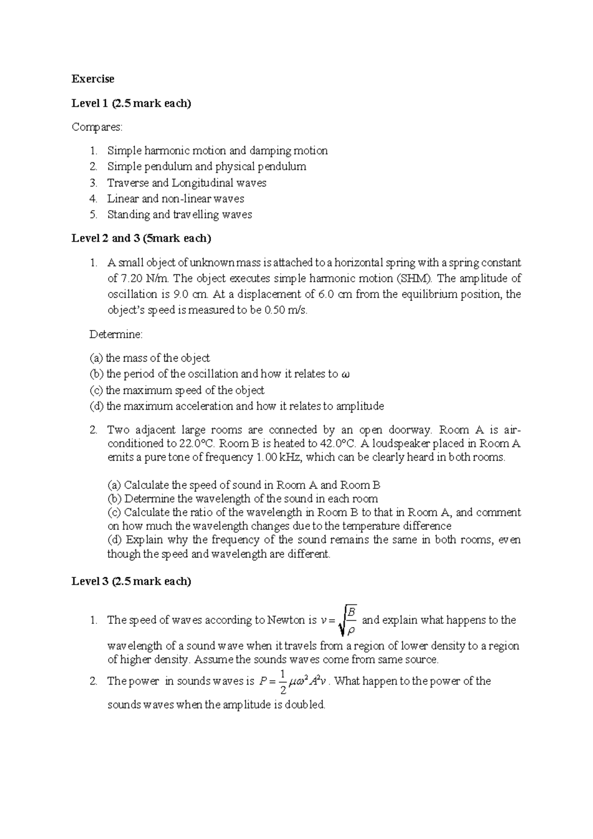 Physics Exercises T-2: SHM, Waves, and Sound Calculations - Studocu