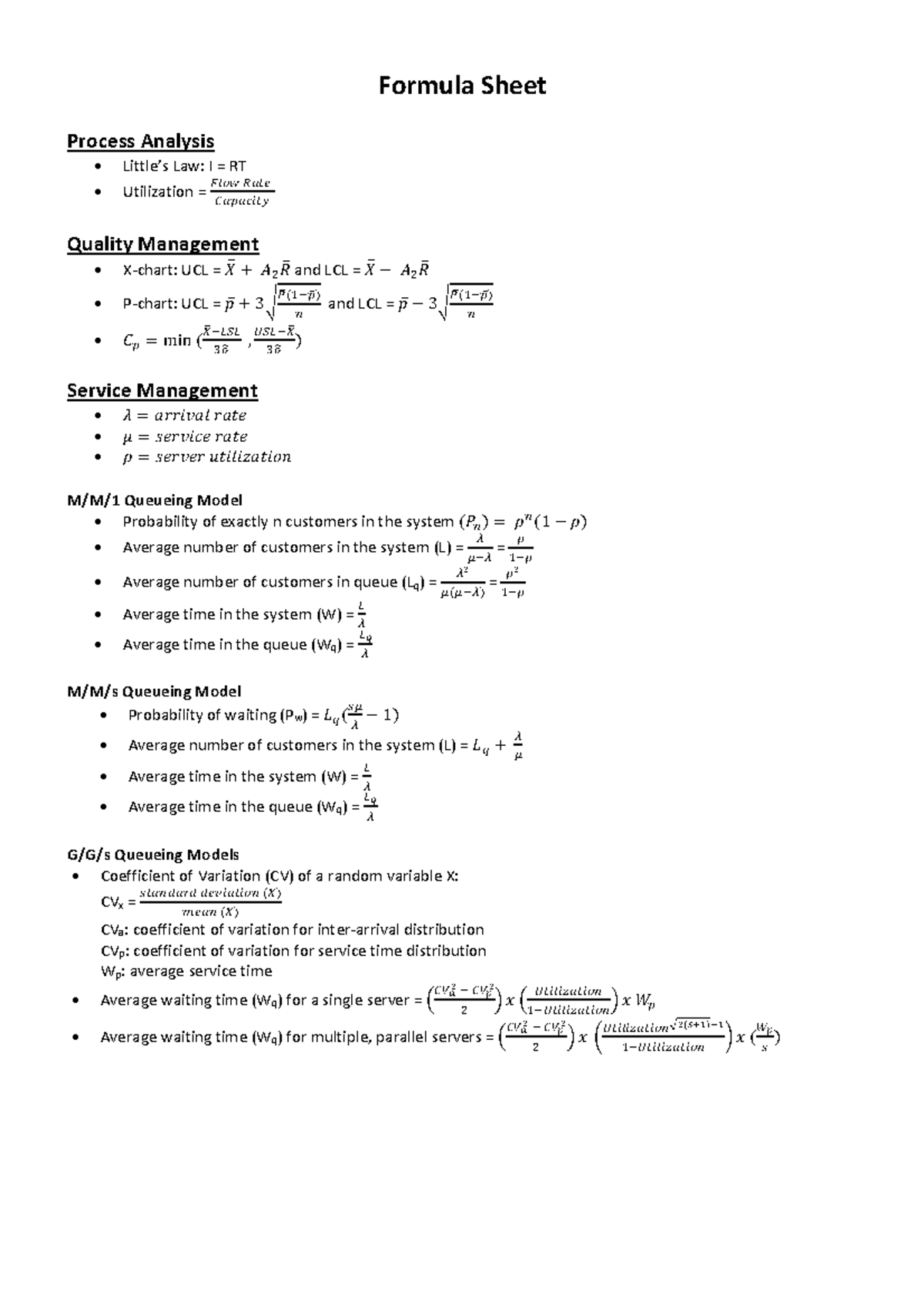FA22 ISOM2700 Midterm Formula Sheet for Process and Quality Management ...