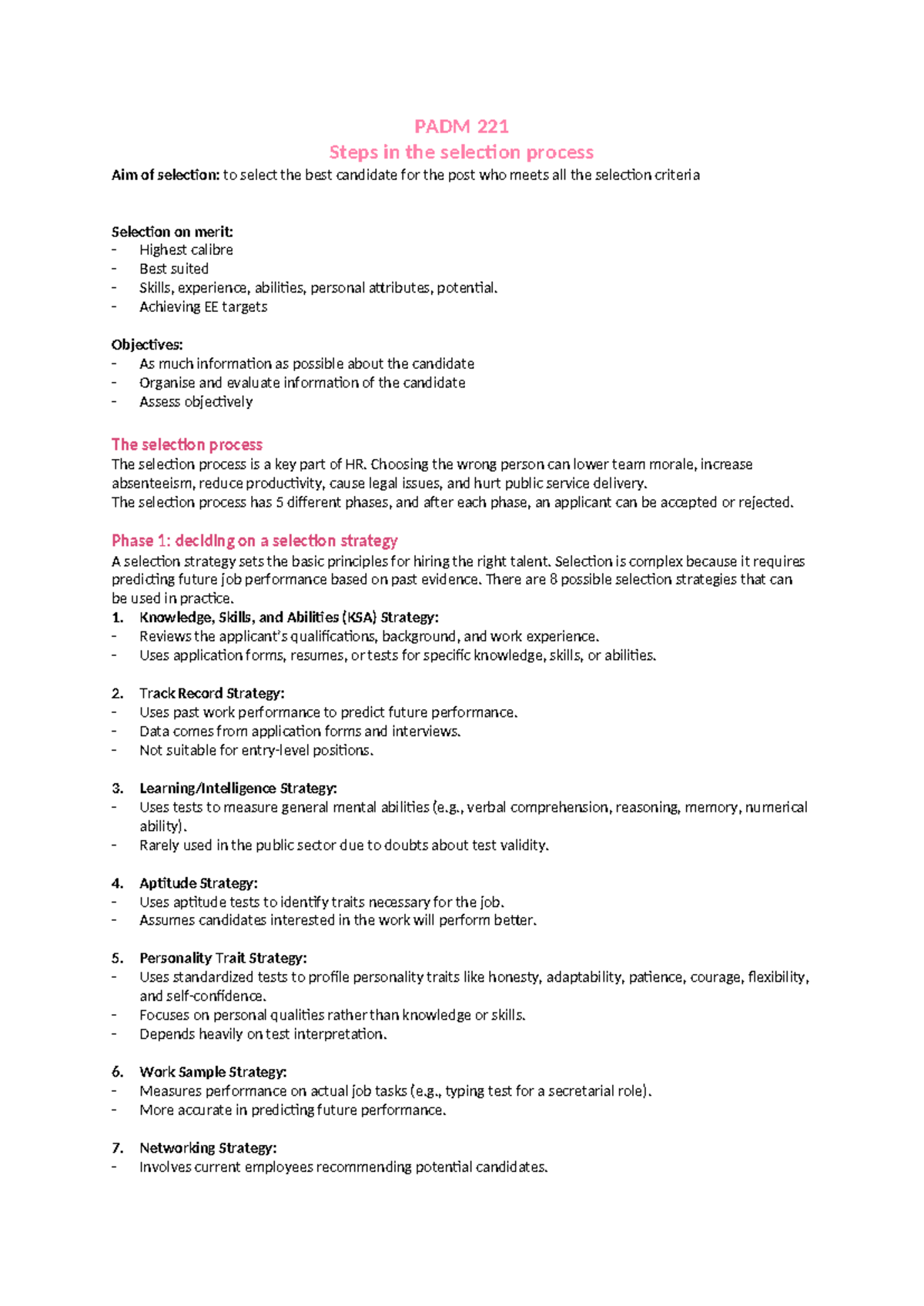 PADM 221 SU4 - Summary of the Selection Process Steps - Studocu