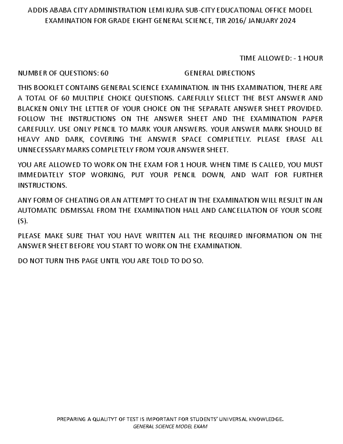 G.S 8 Model Exam - General Science Questions for TIR Jan 2024 - Studocu