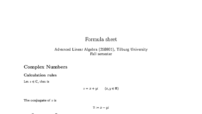Advanced Linear Algebra Formula Sheet (35B801) - Fall 2023 - Studeersnel