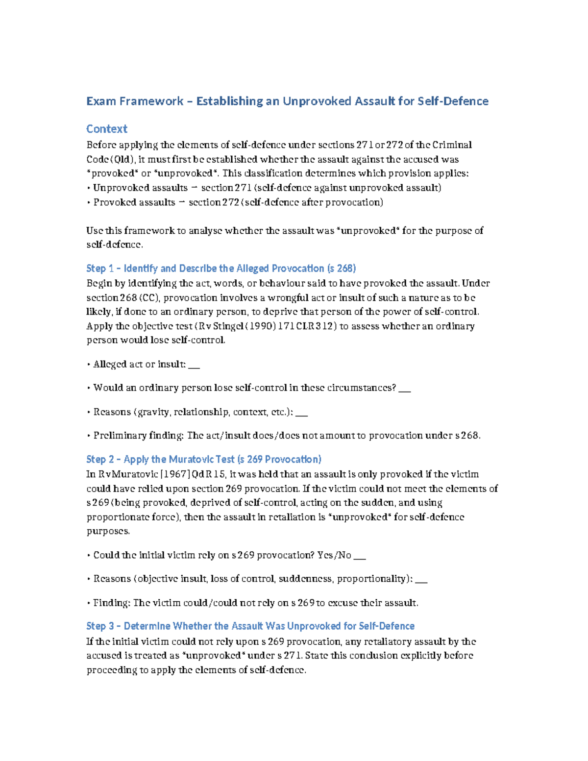 Unprovoked Assault Framework for Self Defence Analysis (Criminal Code ...