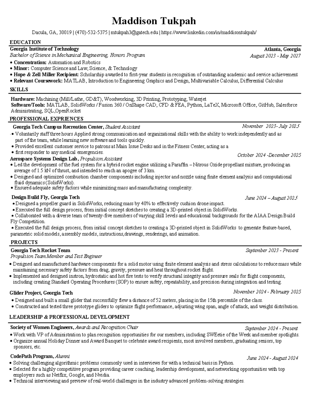 Resume of Maddison T - Georgia Tech B.S. in M, August 2023 - Studocu