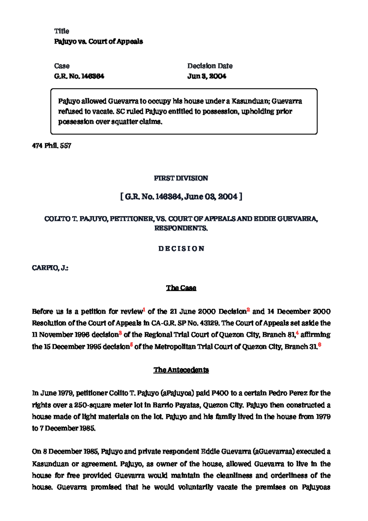 Pajuyo vs. Court of Appeals: G.R. No. 146364 Ejectment Case Analysis ...