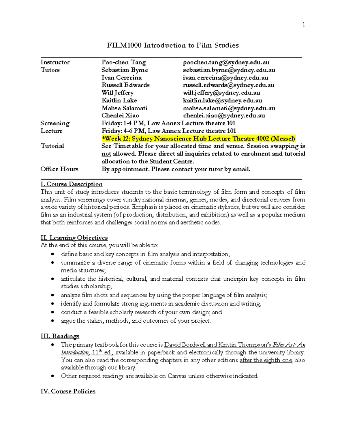 Film Studies Syllabus 2025: Course Overview and Assignments - Studocu