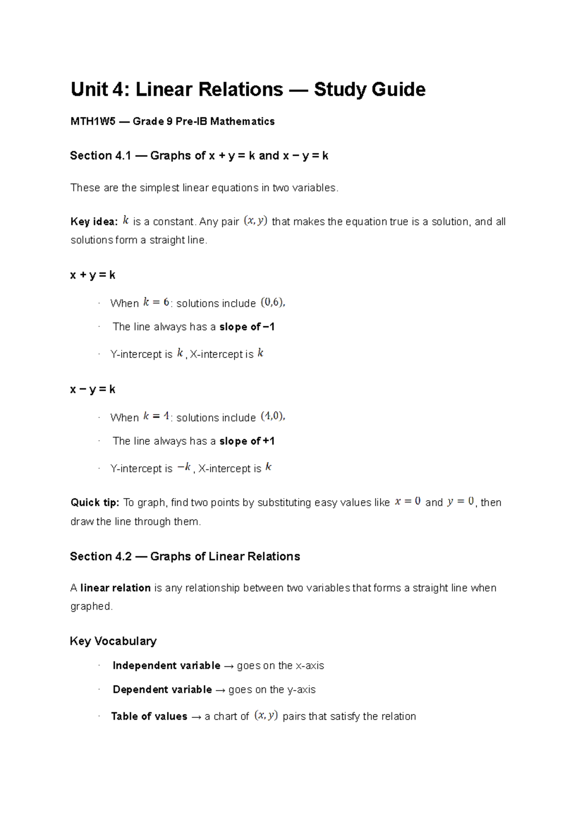 Unit 4: Linear Relations Study Guide MTH1W5 Grade 9 Math - Studocu