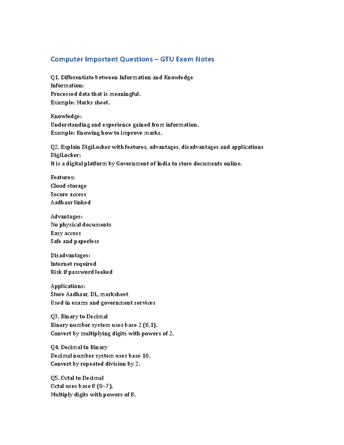 Computer Important Questions GTU Exam Notes: Key Concepts & Definitions ...