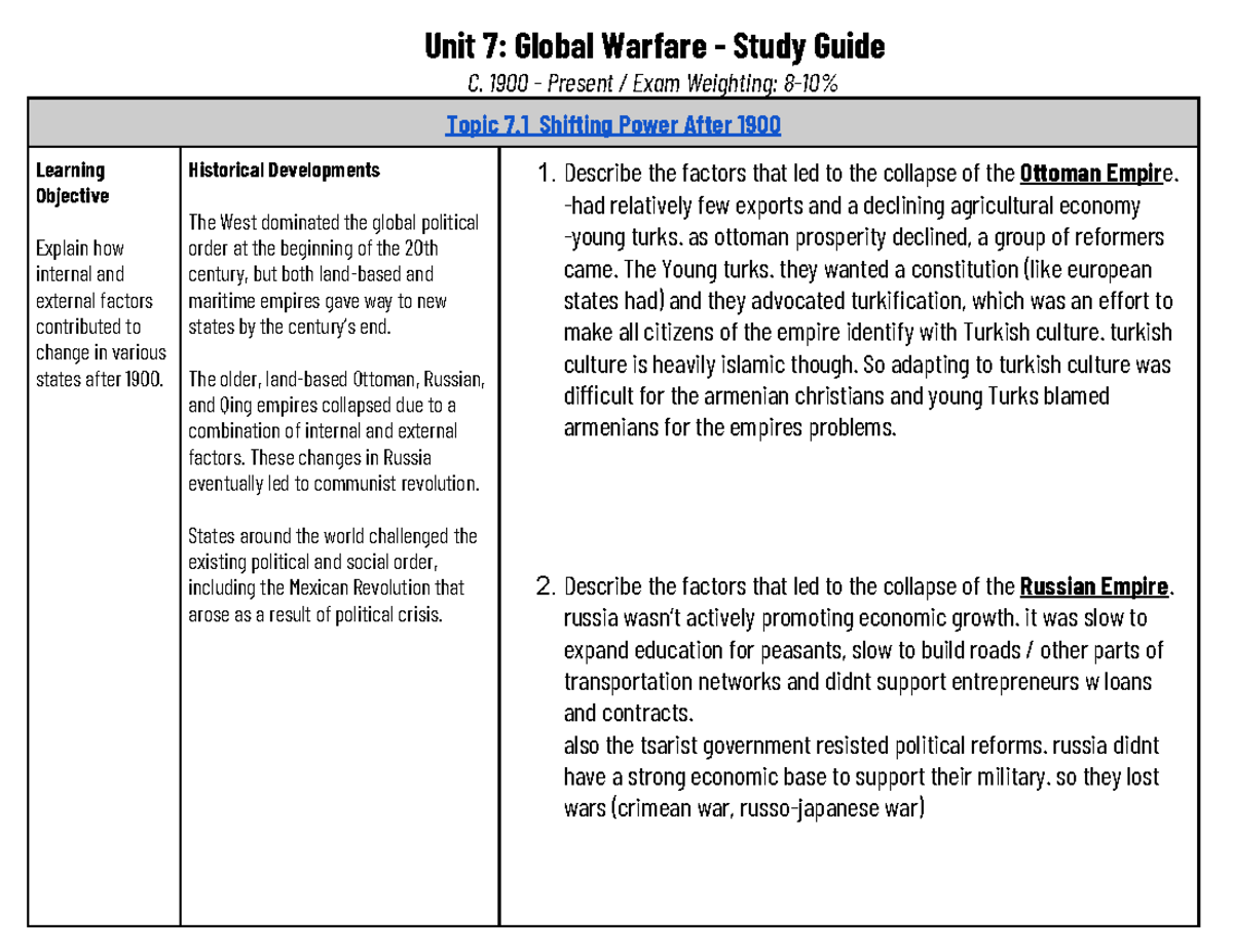 Unit 7: Global Warfare Study Guide (C. 1900-Present) - Studocu