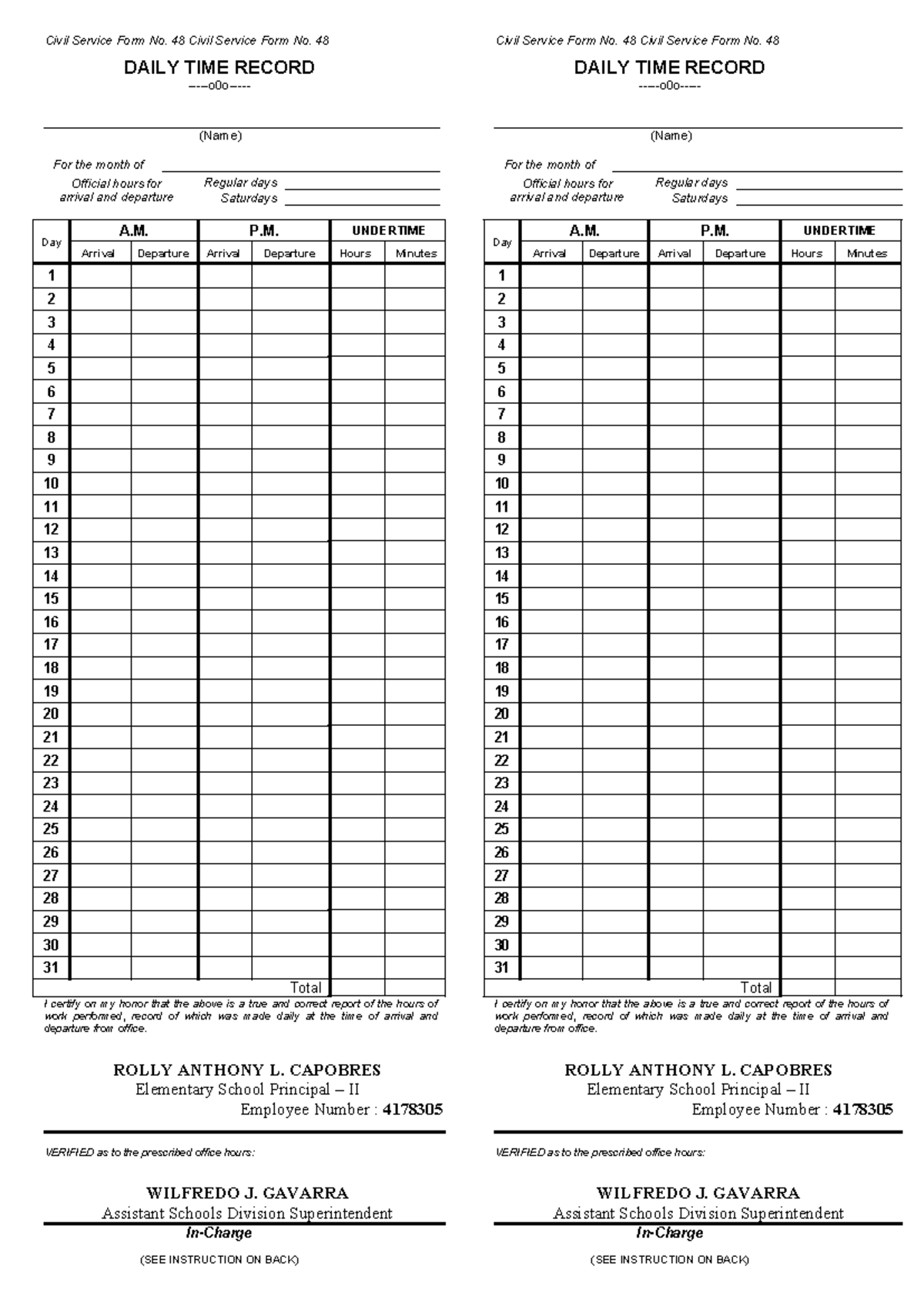 Civil Service Form 48: Daily Time Record (DTR) Template - Studocu