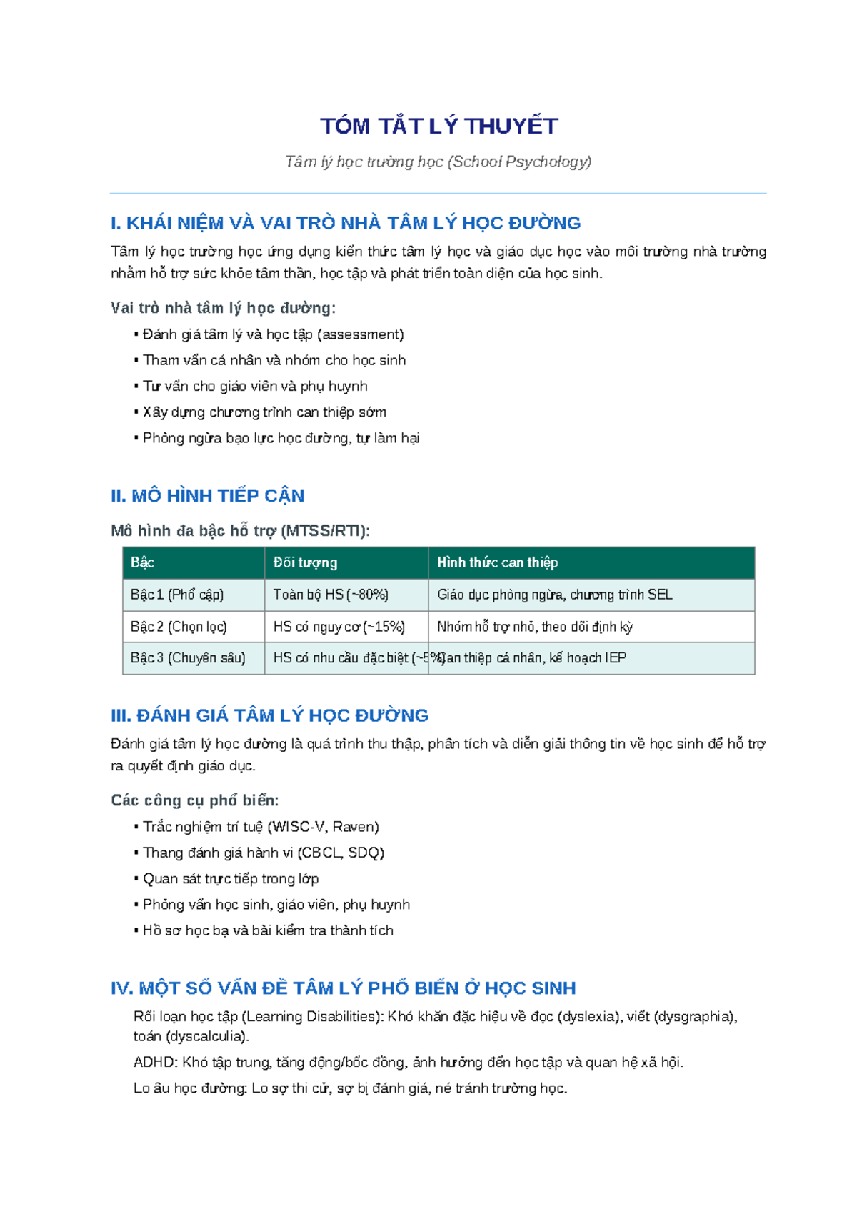 Tóm Tắt Lý Thuyết Tâm Lý Học Trường Học (School Psychology) - Studocu