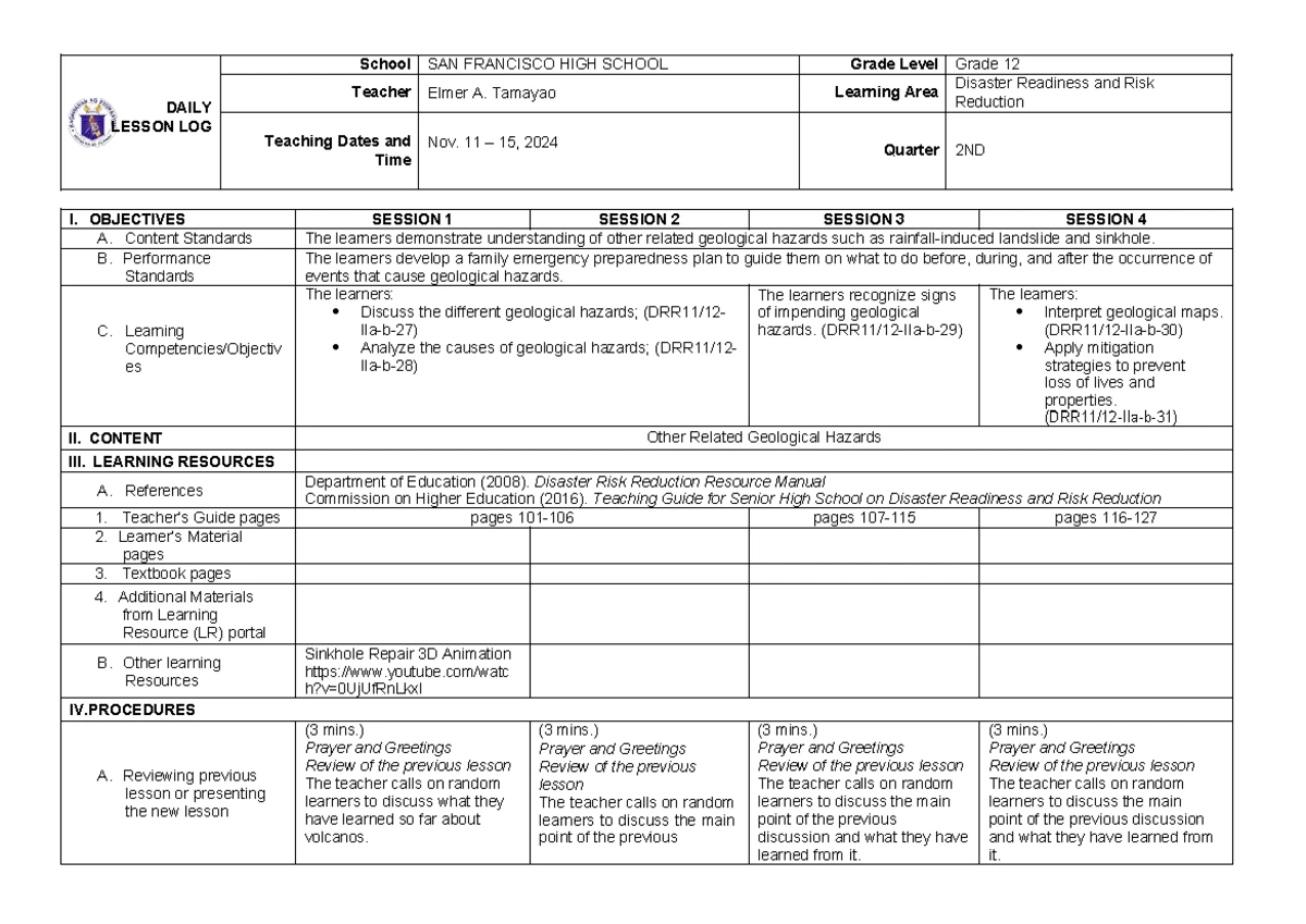 Dll drrr week 9 - Dll - DAILY LESSON LOG School San Francisco High ...