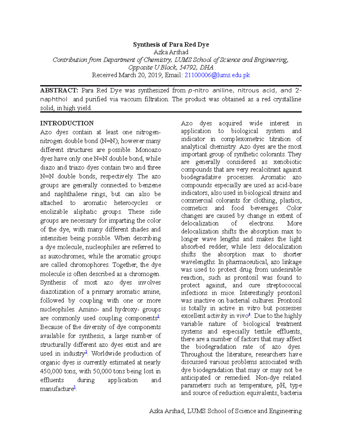 Organic Chemistry Lab Report 6: Synthesis of Para Red Dye (Week 8 ...