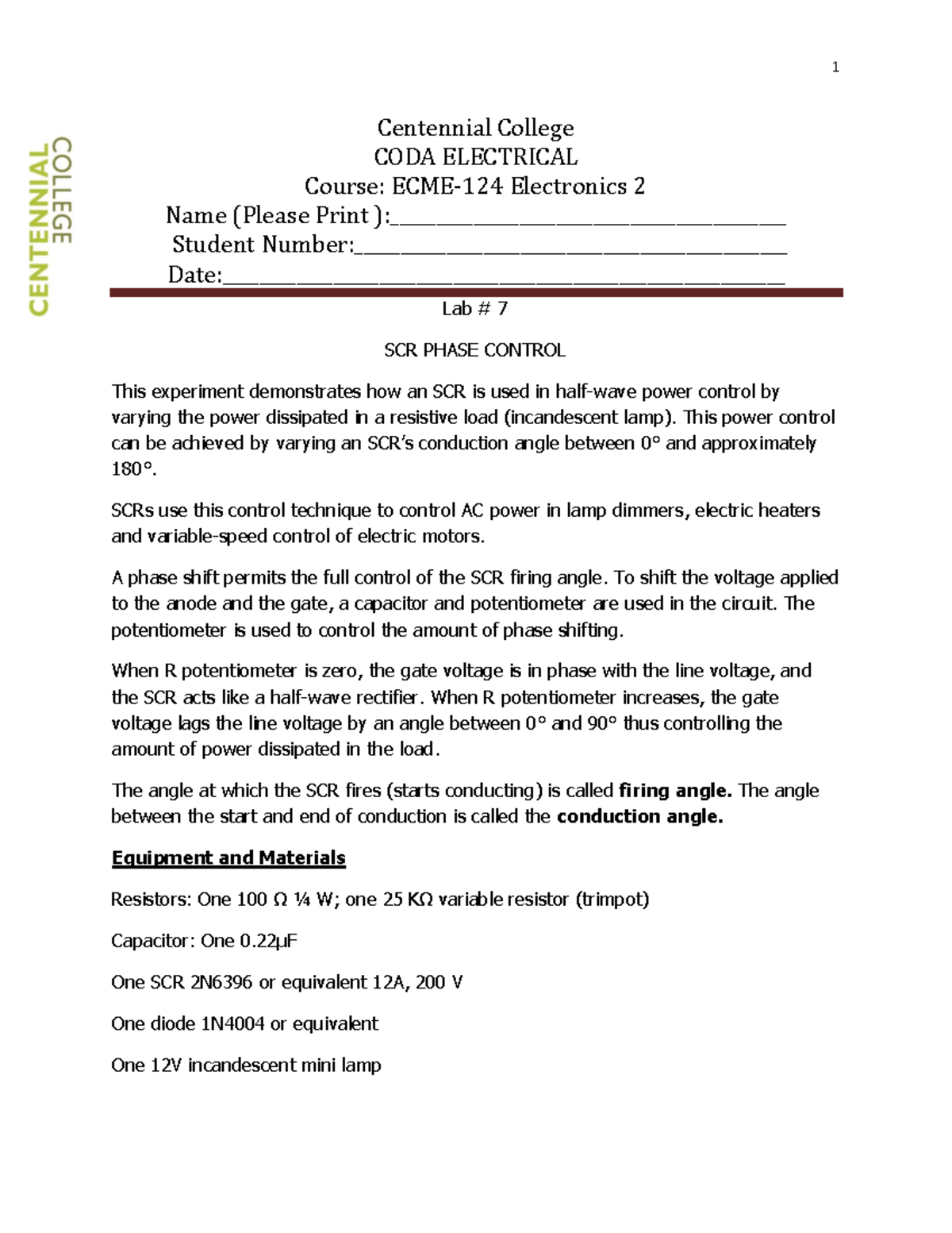 ECME-124 LAB#7 SCR Phase Control Rev. 1 - Centennial College CODA ...