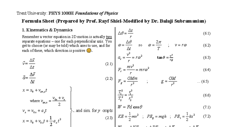 PHYS1000H: Foundations of Physics Formula Sheet (Updated) - Studocu