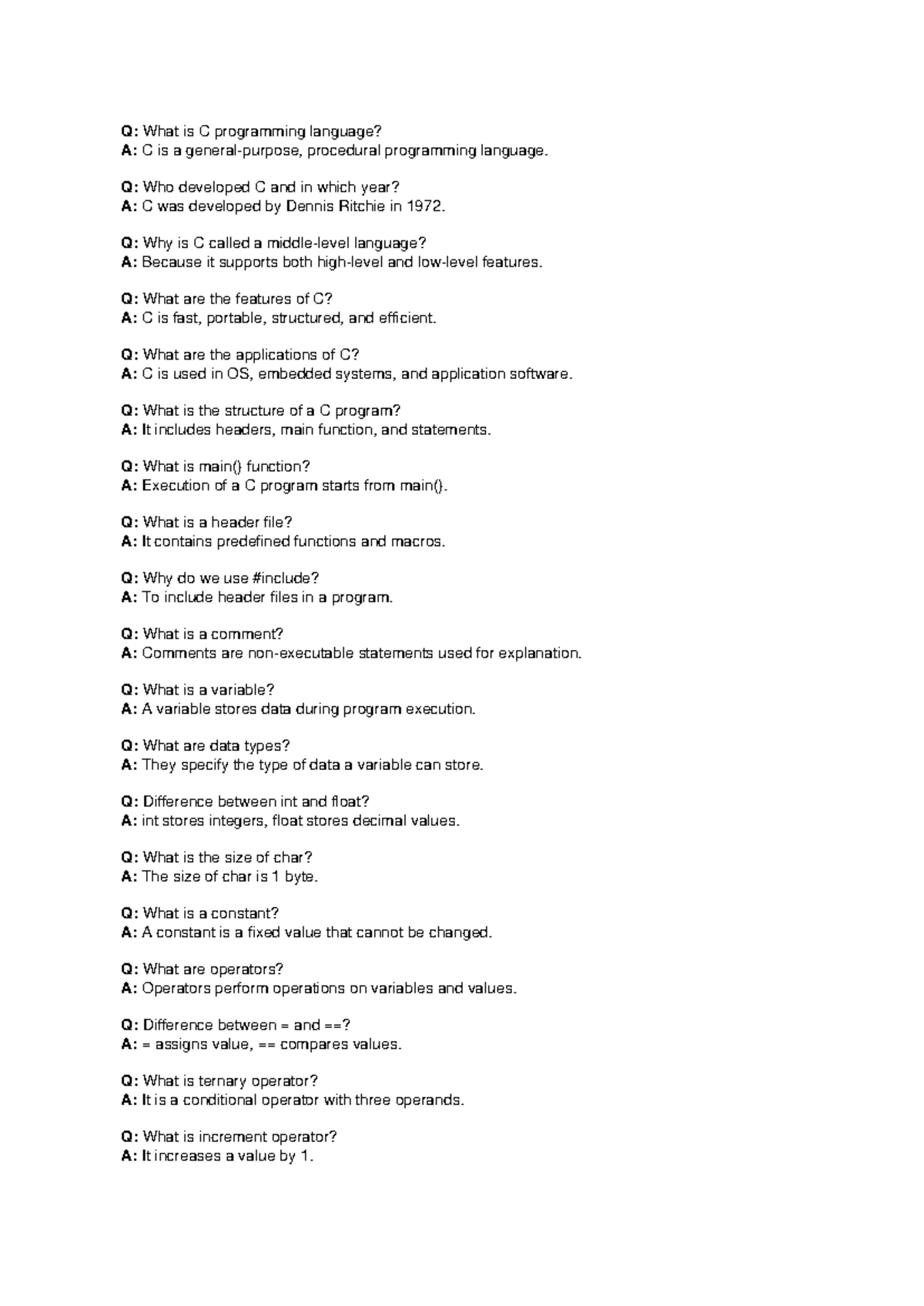 C Programming (CS101) Viva Questions: One-Line Answers - Studocu