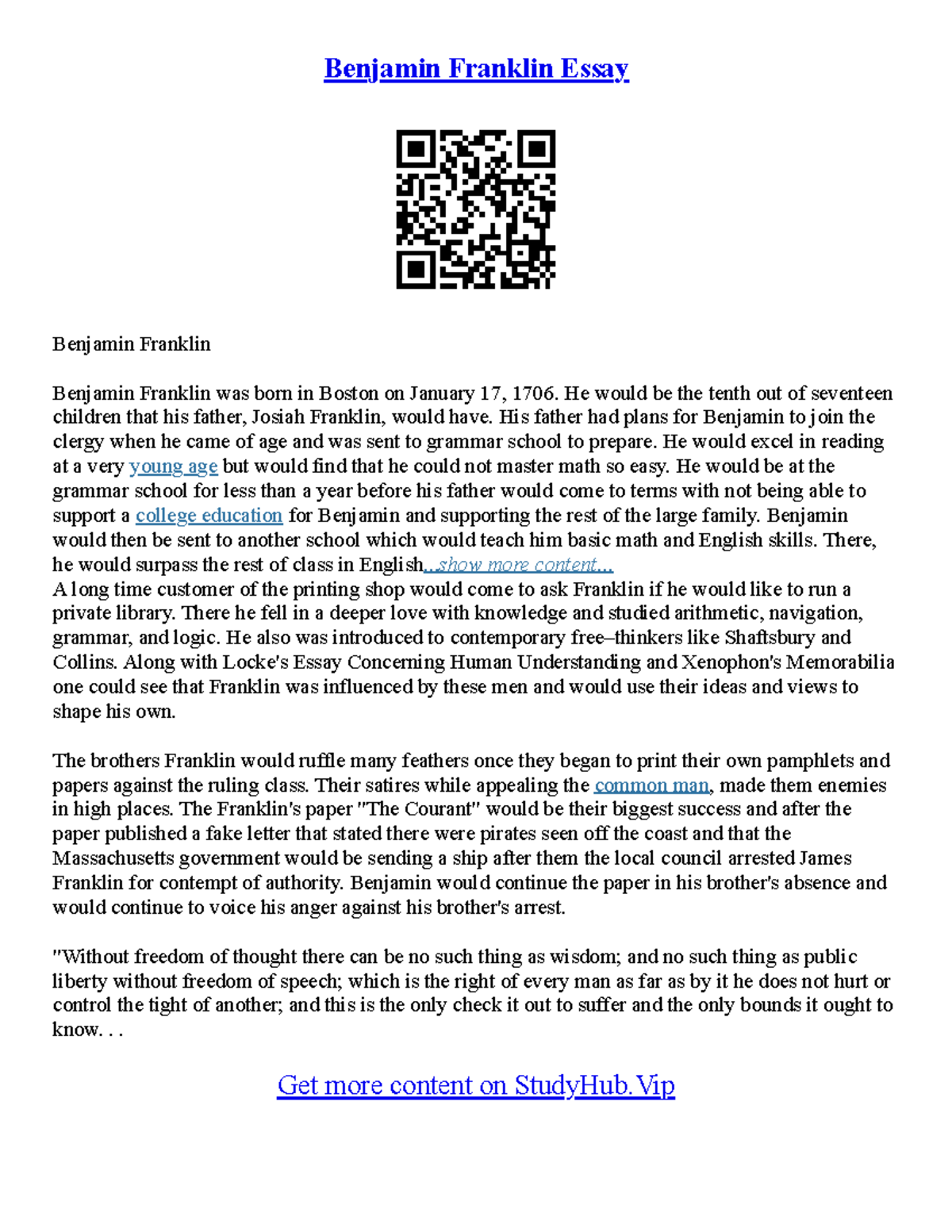 Benjamin Franklin Essay - Benjamin Franklin Essay Benjamin Franklin ...