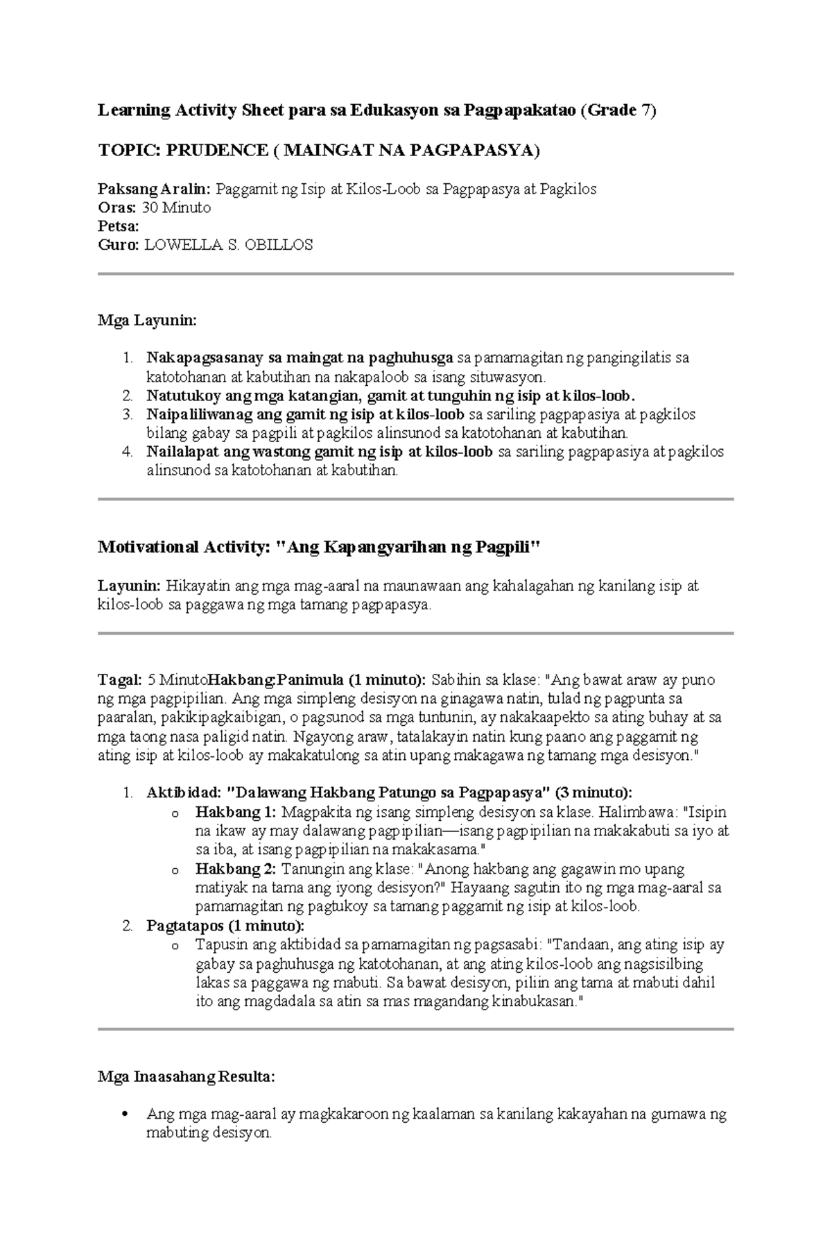 Learning Activity Sheet para sa Edukasyon sa Pagpapakatao (Grade 7 ...